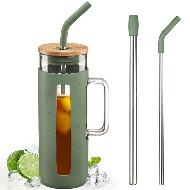 MUKOKO 20oz Glass Water Tumble with Straw and Bamboo Lid, Reusable ...