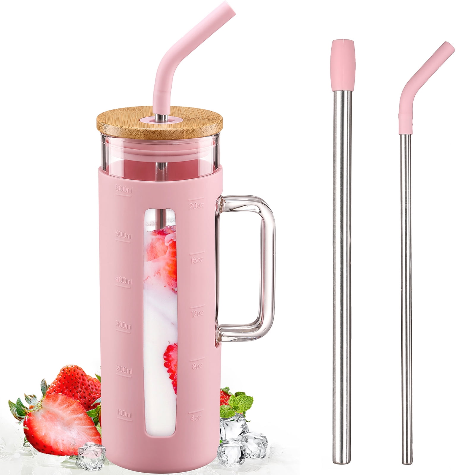MUKOKO 20oz Glass Water Tumbler, Silicone Sleeve, Bamboo Lid, Straw ...