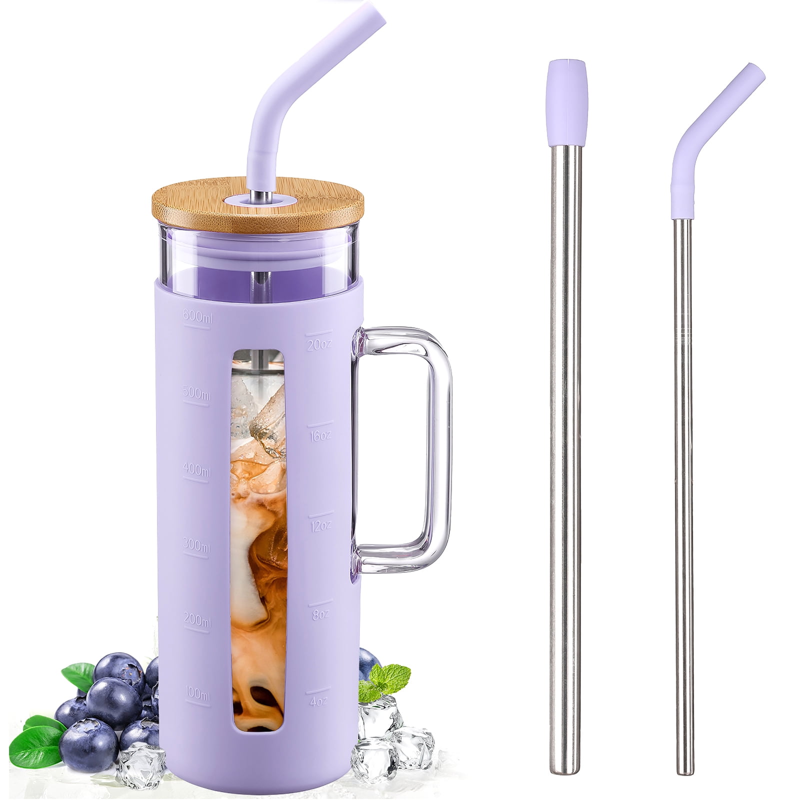 MUKOKO 20oz Glass Water Tumble with Straw and Bamboo Lid, Reusable ...