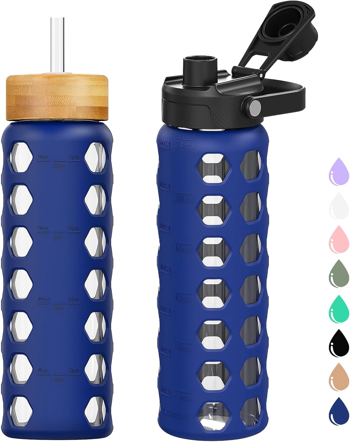 MUKOKO 24oz Glass Water Bottle, Glass Reusable Bottle with Silicone ...