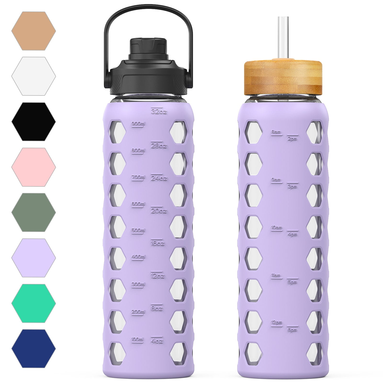 MUKOKO 32oz Glass Water Bottles, Motivational Water Tumbler with 2 Lids ...