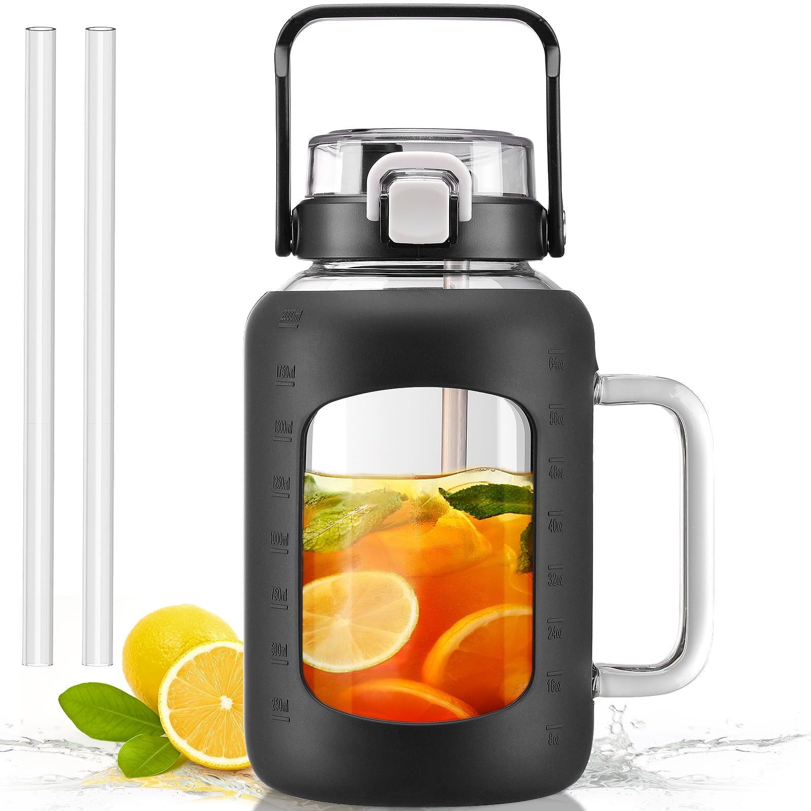 MUKOKO 64oz Glass Water Bottle, Glass Water Jug with Straw and Handle ...