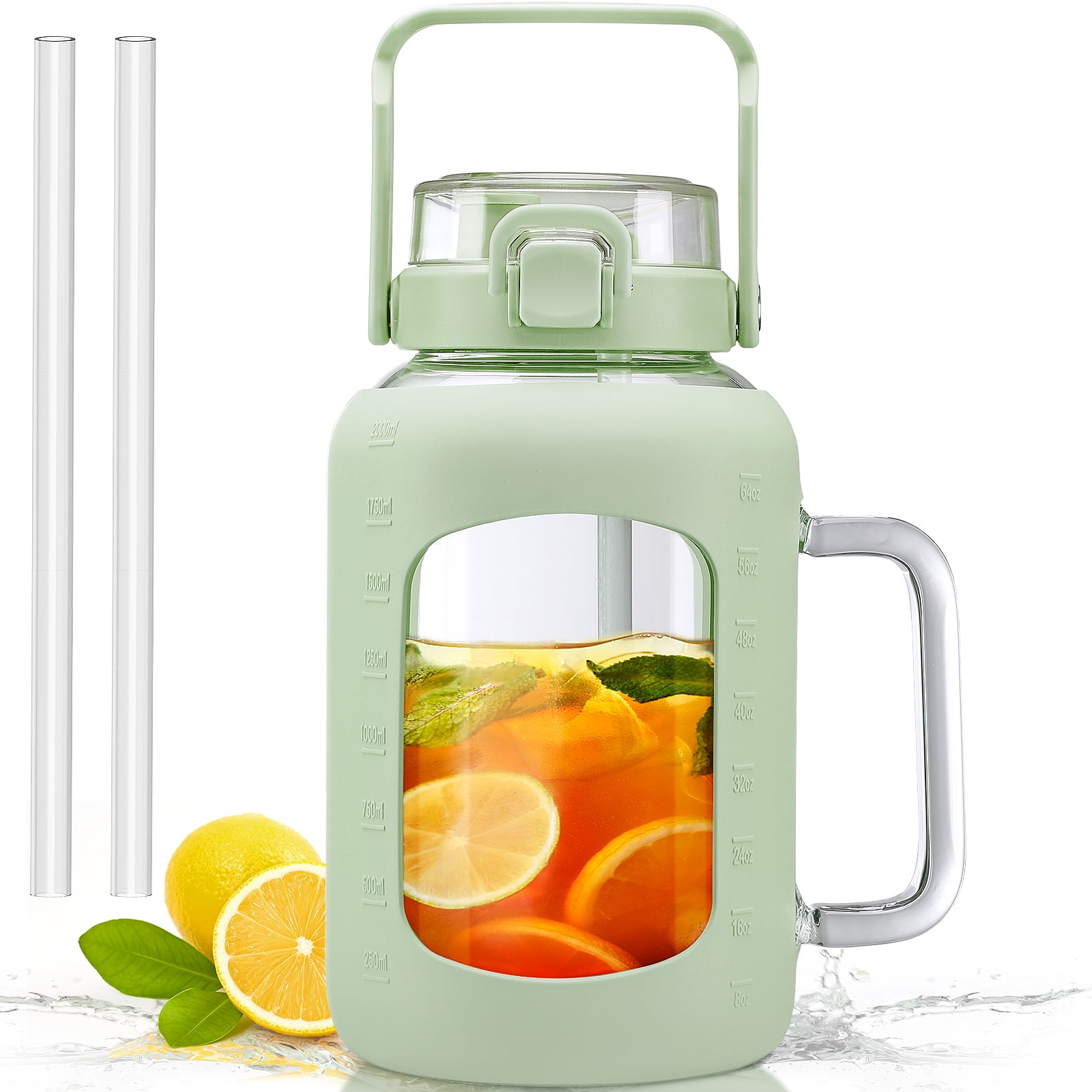 MUKOKO 64oz Glass Water Bottle, Water Jug with Straw and Handle, Silicone Sleeve, Time and Water ...