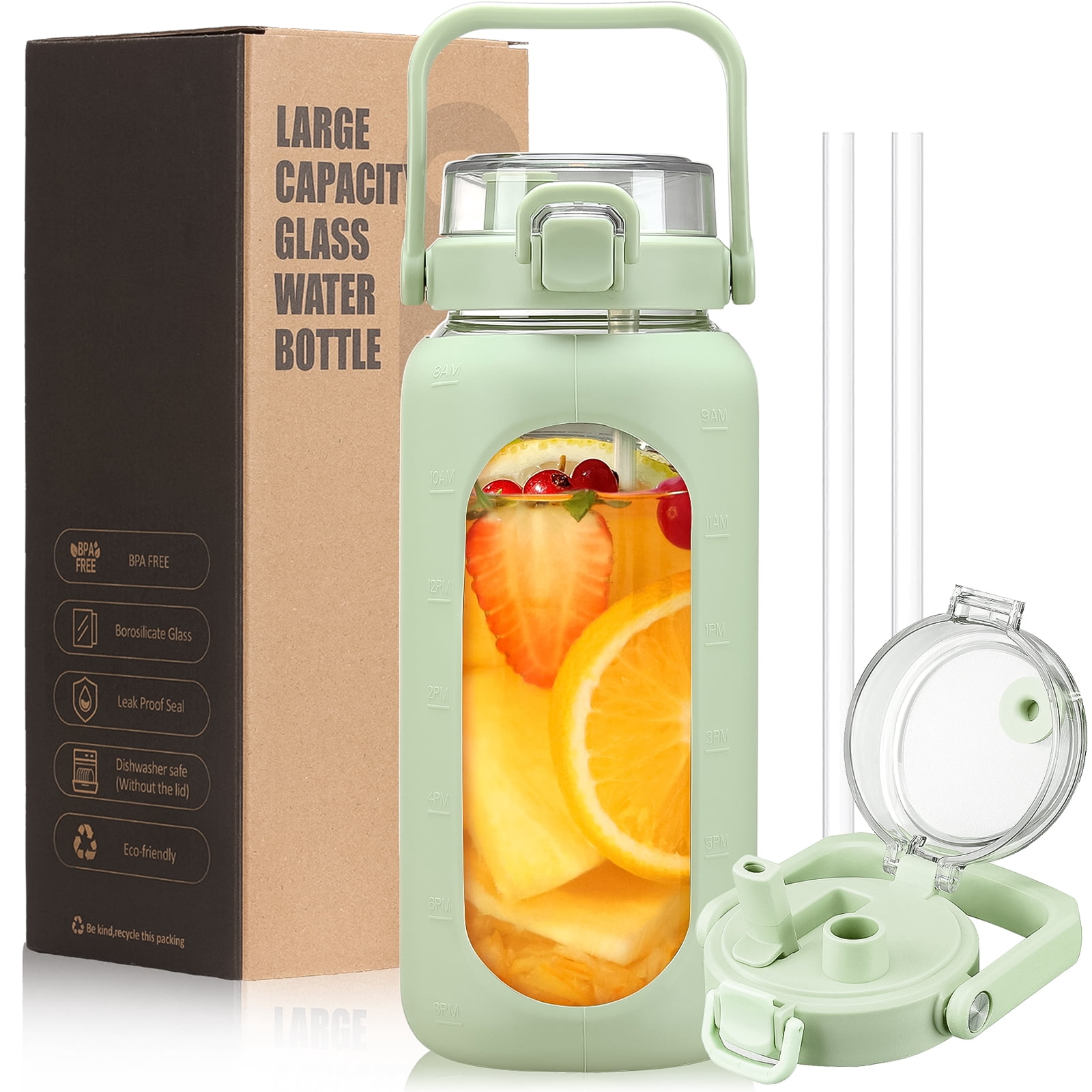 MUKOKO 64oz Glass Water Bottles with Straw and Lid, Half Gallon Large ...