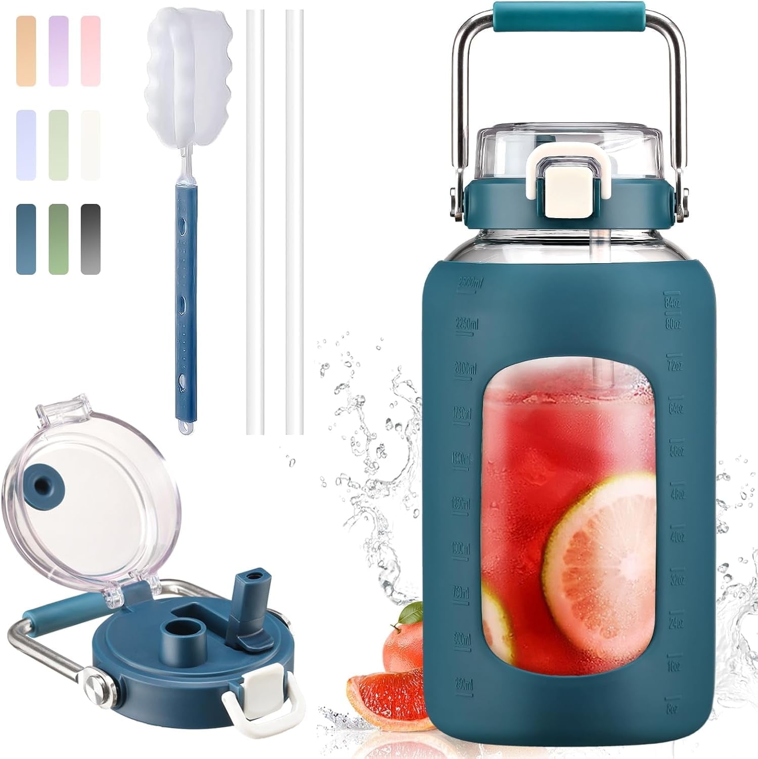 MUKOKO 84oz Glass Water Bottle, 2.5L Gallon Water Jug with Straw Lid ...