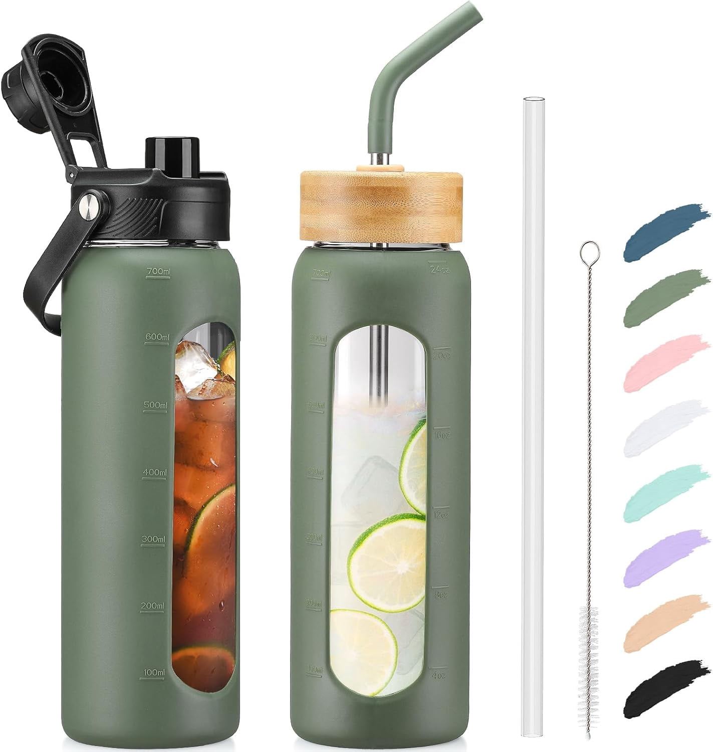 MUKOKO Glass Water Bottle, 24oz Sports Drinking Tumbler with Silicone ...