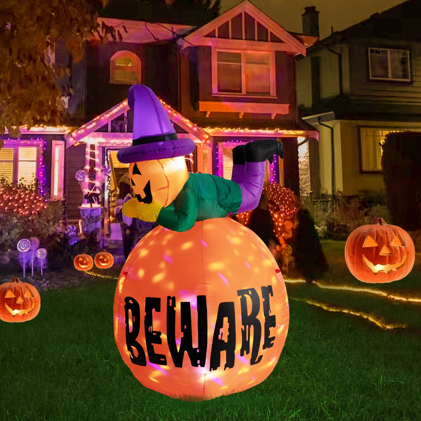MUMTOP 6FT Halloween Wizard with Large Inflatable Pumpkin, Illuminated ...