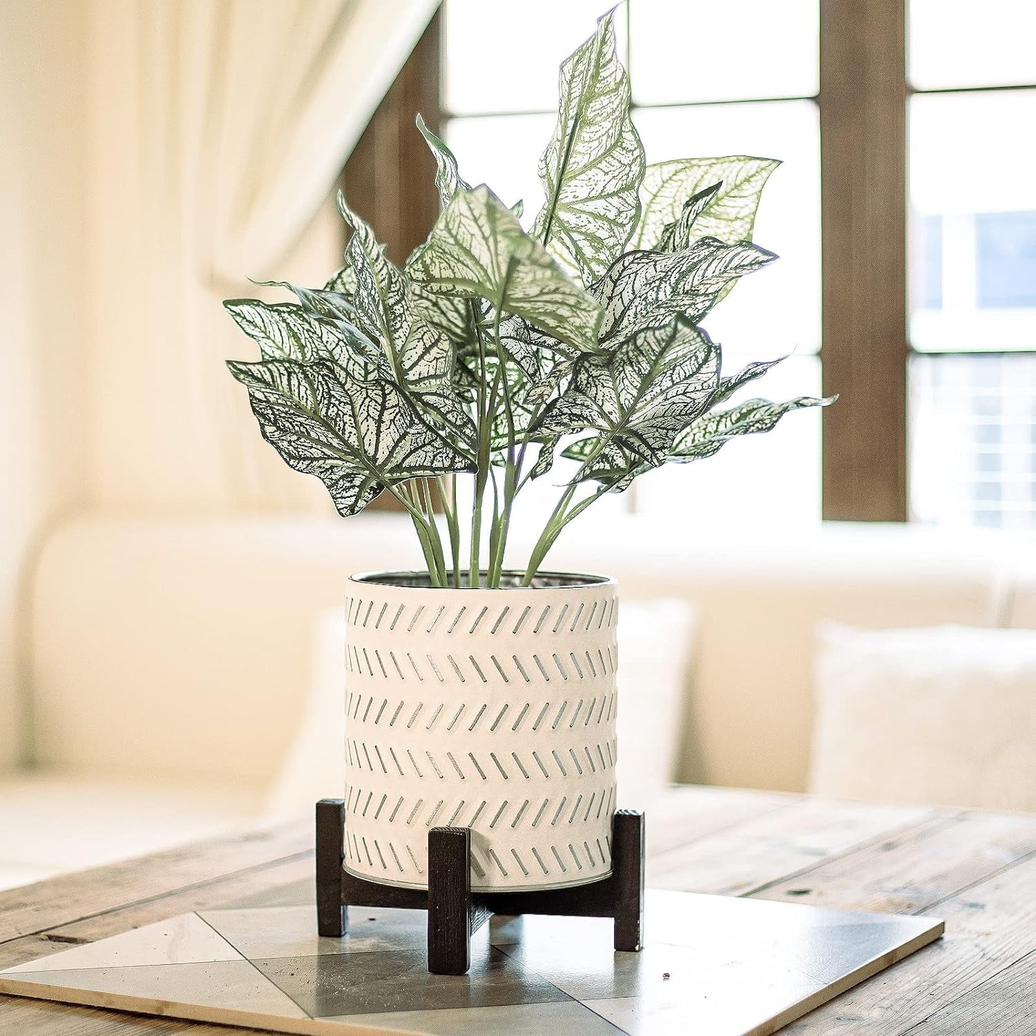 MUMTOP Plant Pot with with Wood Stand Small Garden, Ceramic Planter ...