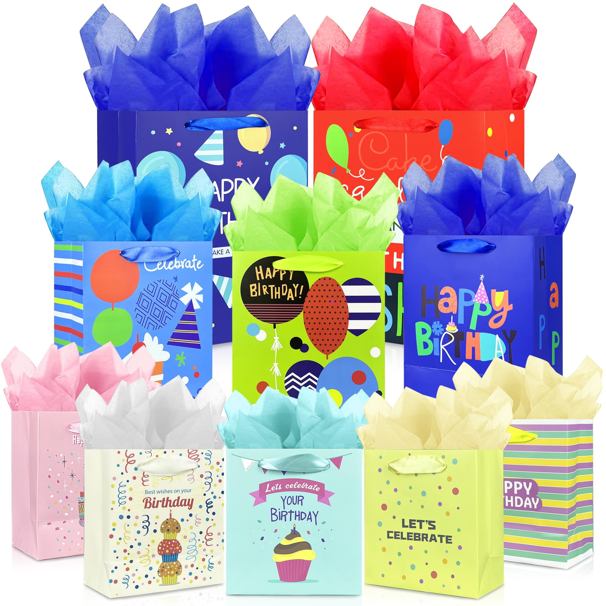 MUMULULU 10 Pack Birthday STF9 Gift Bag with Ribbon Handle and Tissue ...