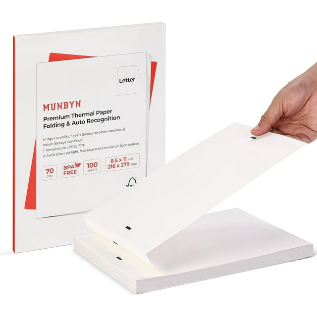 MUNBYN Thermal Printer Paper, 8.5 x 11 inch, White, 100 Sheets ...