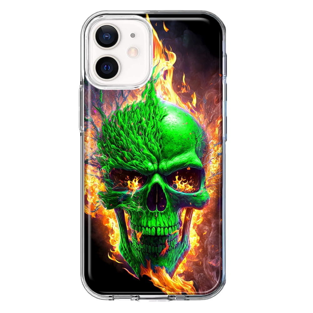 MUNDAZE Apple iPhone 11 Green Flaming Skull Burning Fire Double Layer ...