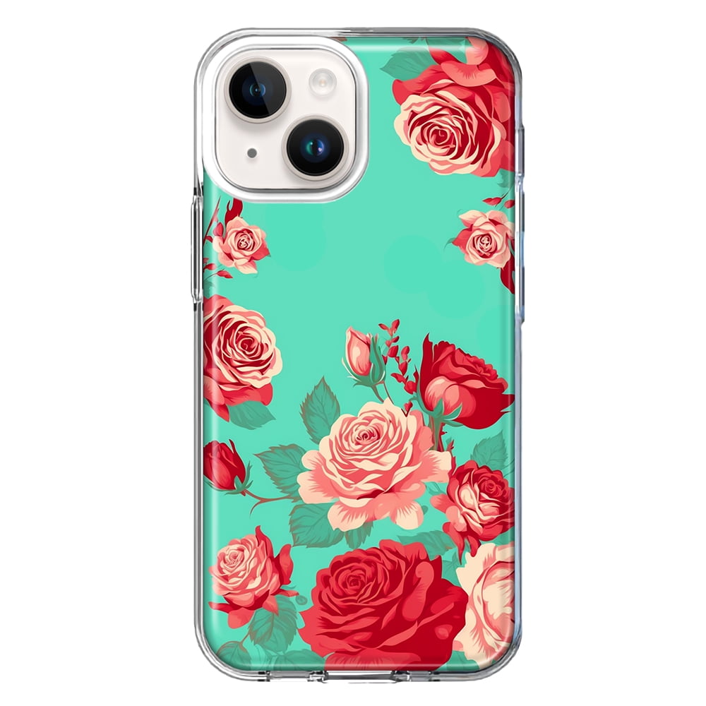 MUNDAZE Apple iPhone 14 Turquoise Teal Vintage Pastel Pink Red Roses ...