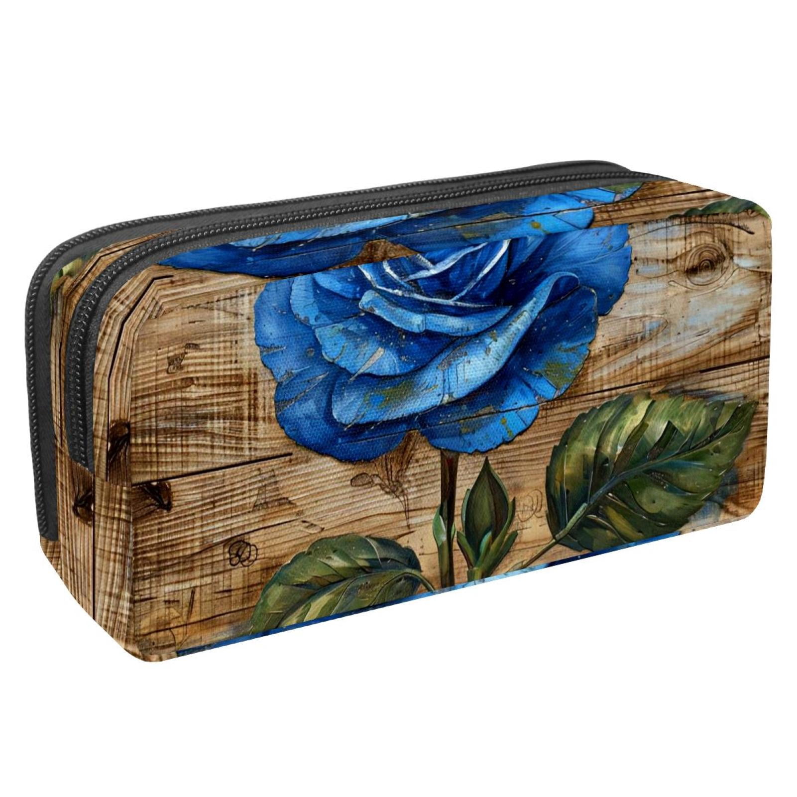 MUOOUM Pencil Case, Blue Rose Rustic Wood Plank Large Capacity Pencil ...