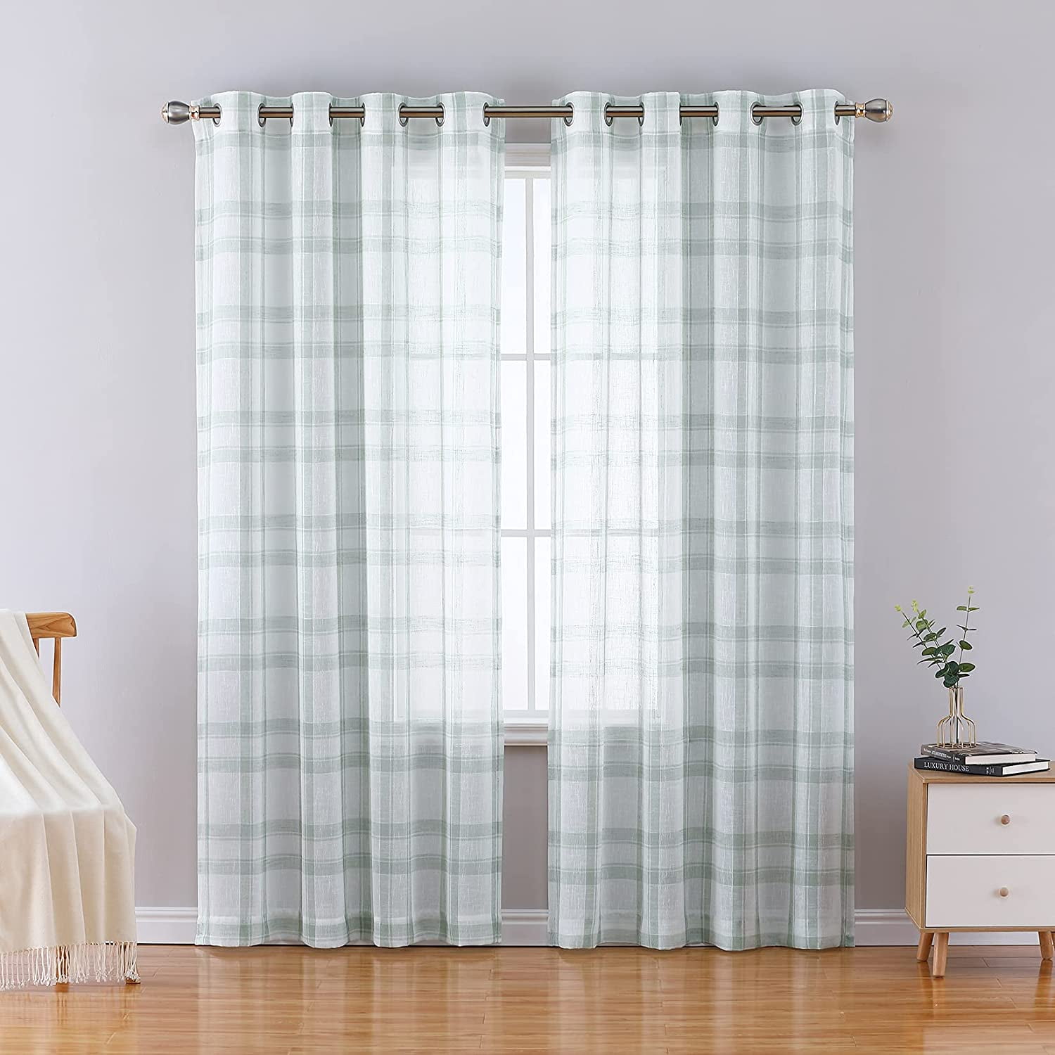 MURMUREY Linen Textured Sheer Curtains Buffalo Check Semi Curtain ...