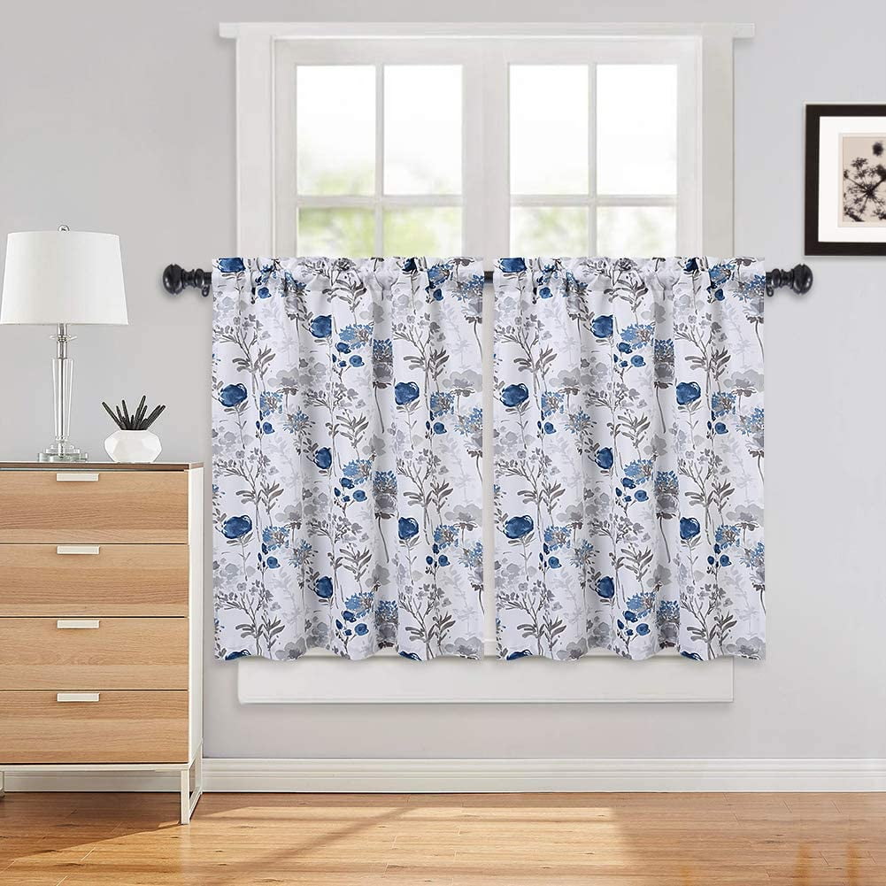 MURMUREY Navy Blue Cafe Curtains 36 Inches Length, Watercolor Flowers ...