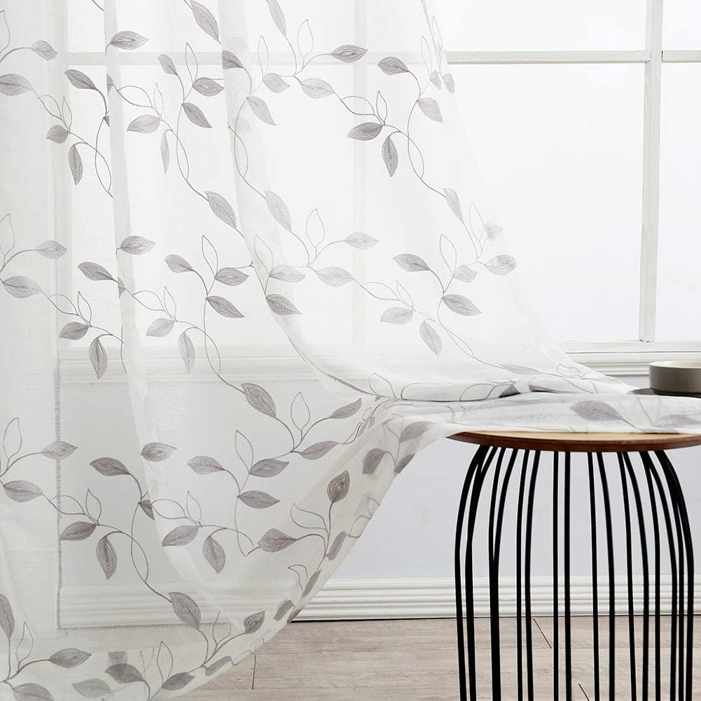 MURMUREY Sheer Curtains with Gray Embroidery Design, Floral Embroidered ...