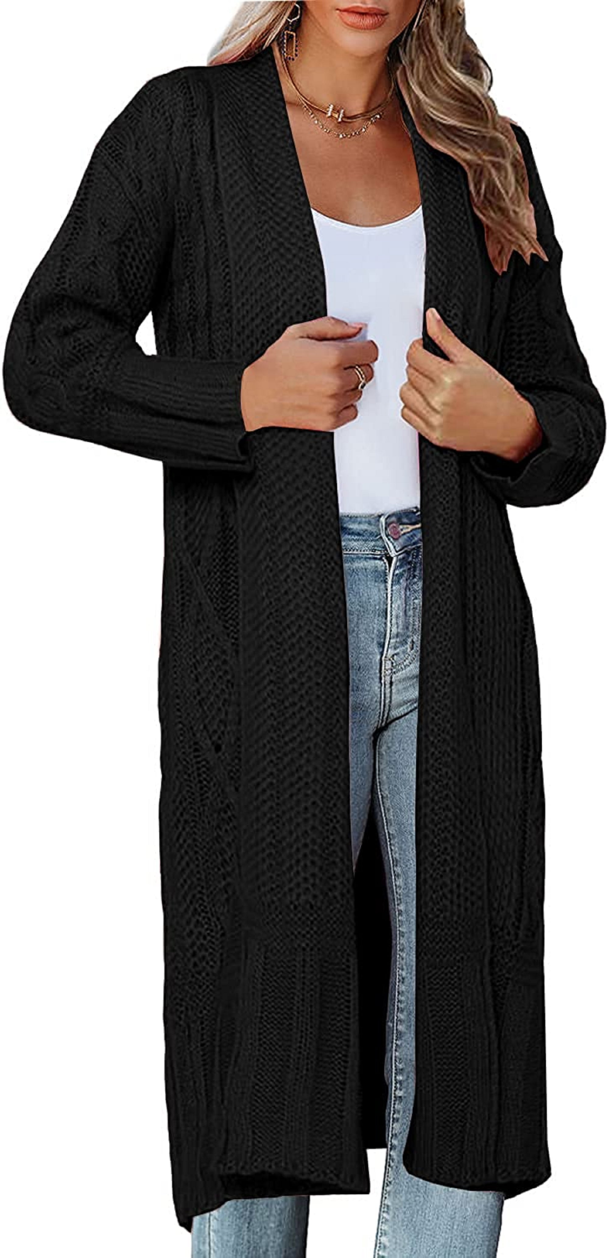 Yesfashion Womens Long Sleeve Cable Knit Open Front Long Cardigan ...