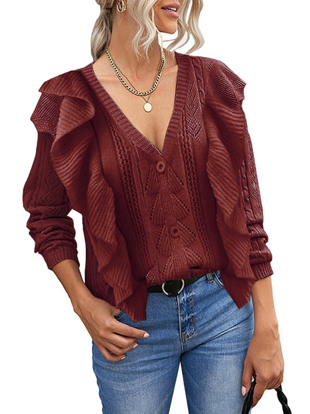 MURMUREY Womens V Neck Ruffle Knit Button Down Sweater Cardigans Long ...