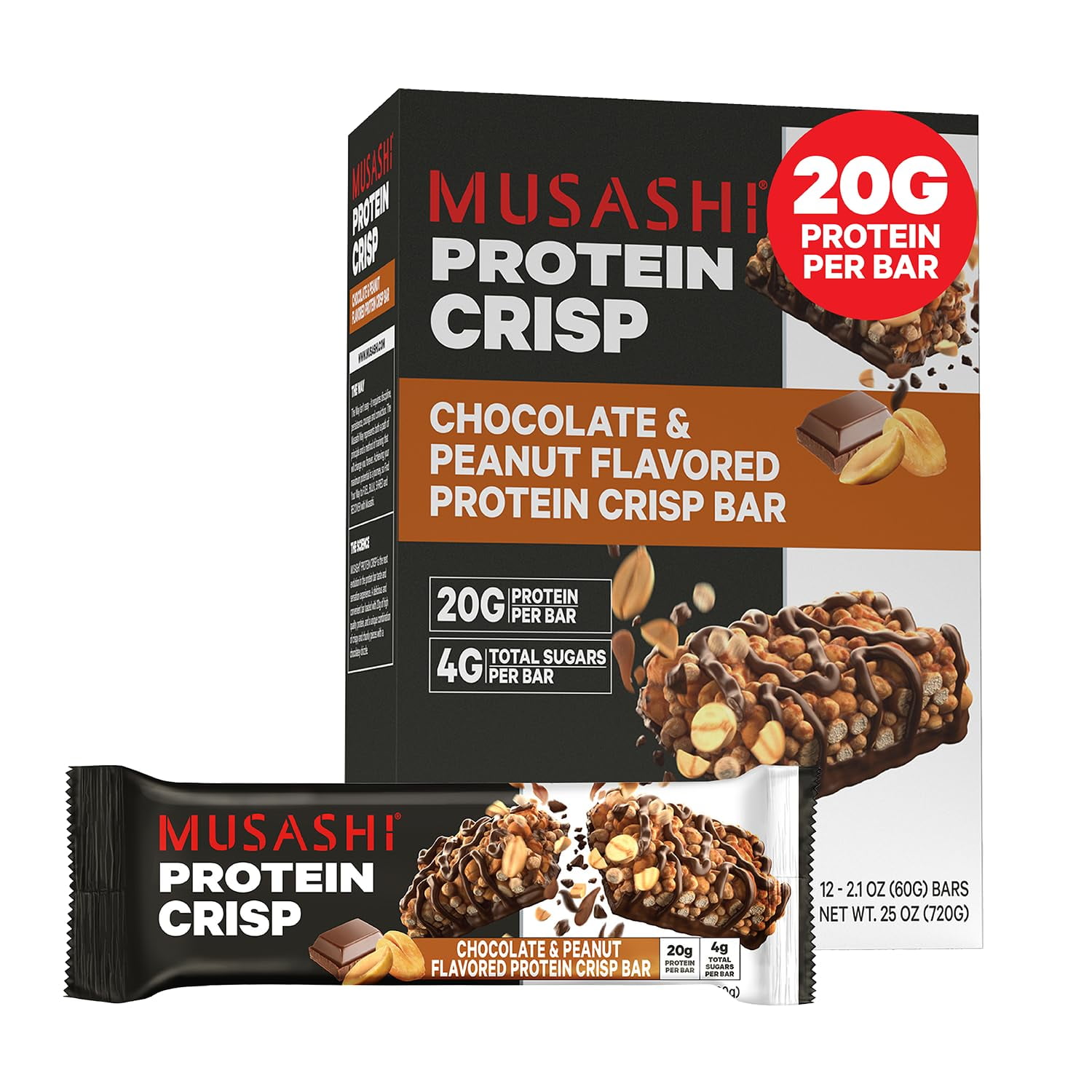 MUSASHI Protein Crisp Bar, RRF12 20g Protein, 4g Total Sugars, Chocolate & Peanut, Post Workout ...