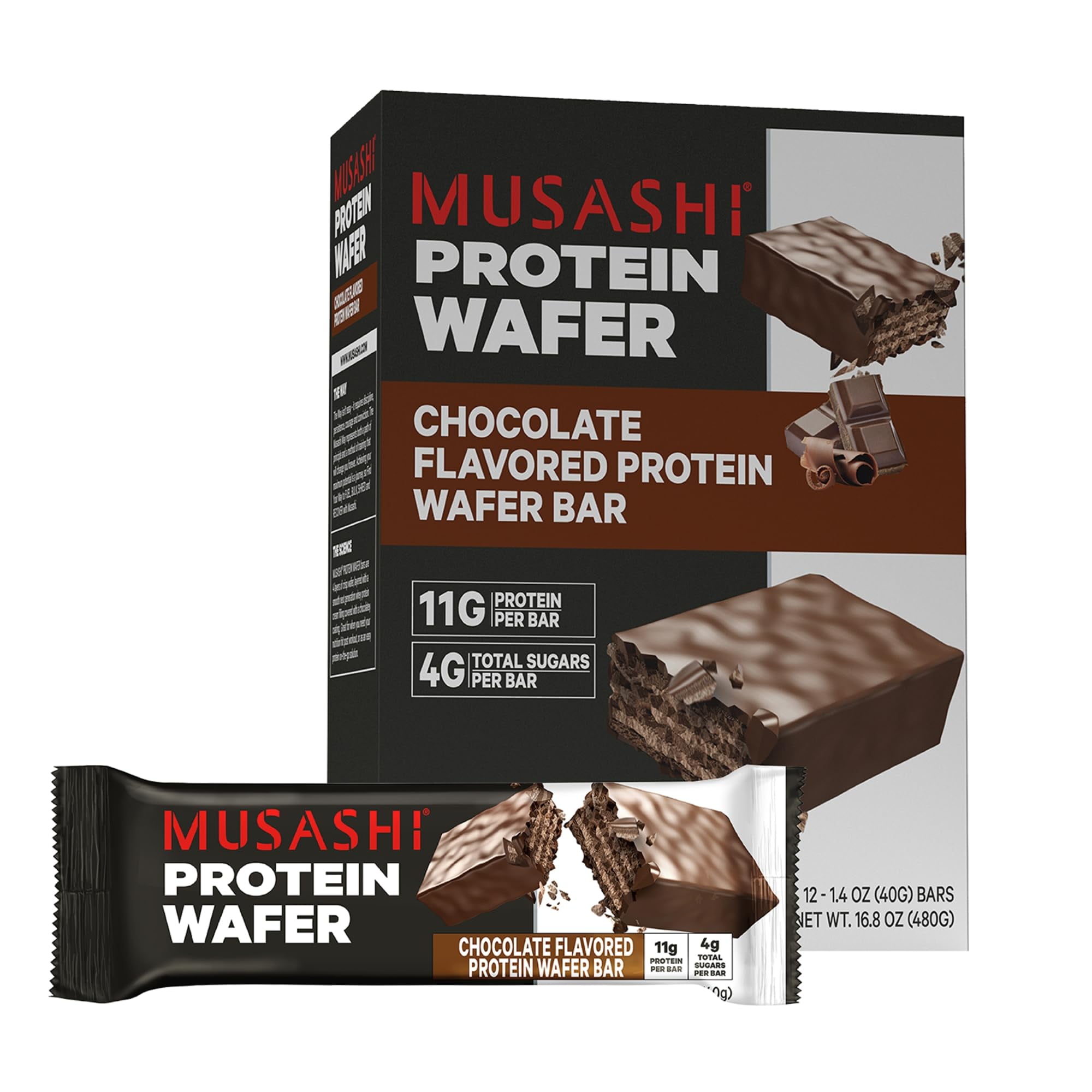 MUSASHI Protein Wafer Bar, MMF7 11g Protein, 4g Total Sugars, Chocolate ...