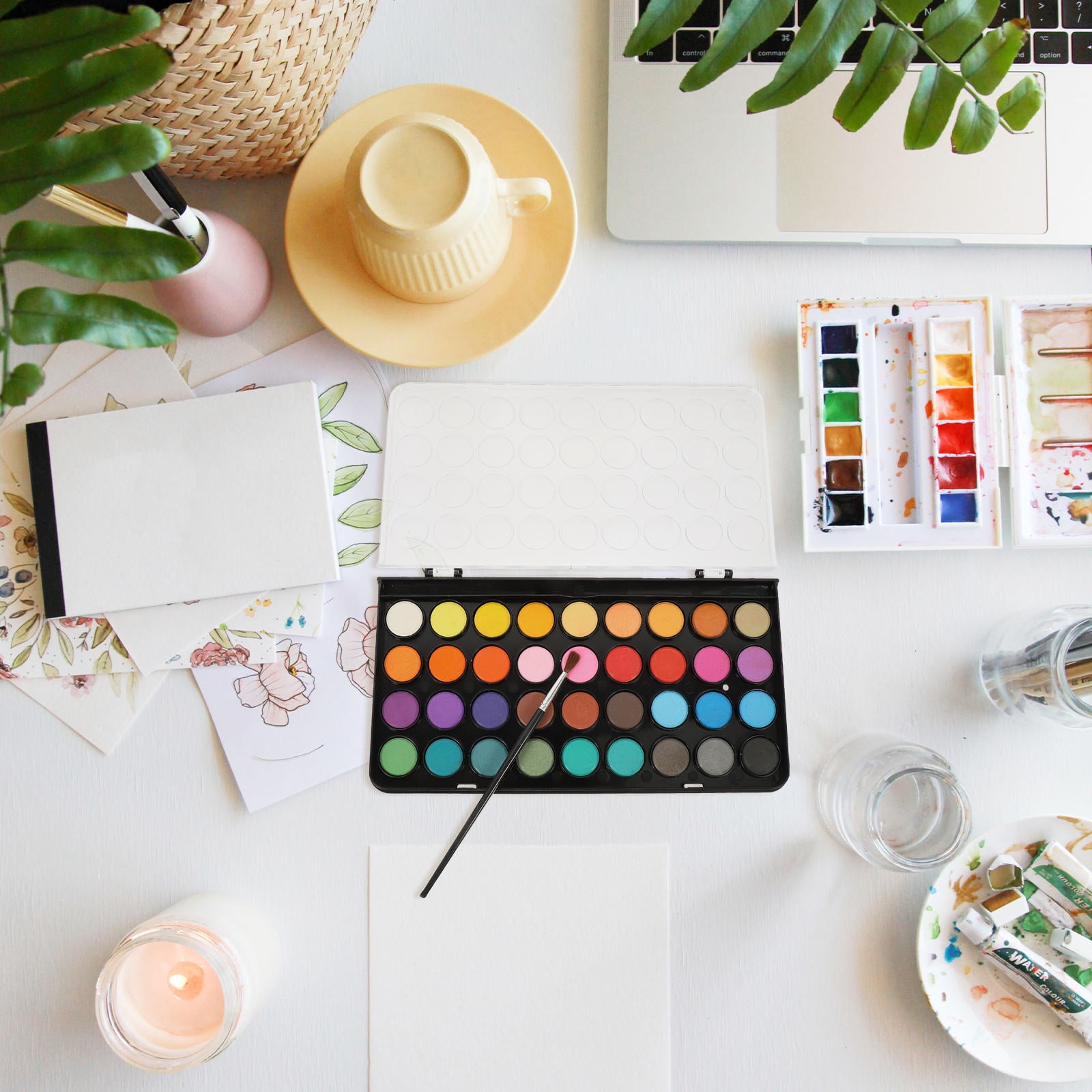 MUSEYA Black Plastic Watercolor Paint Set with Mixing Plate for ...