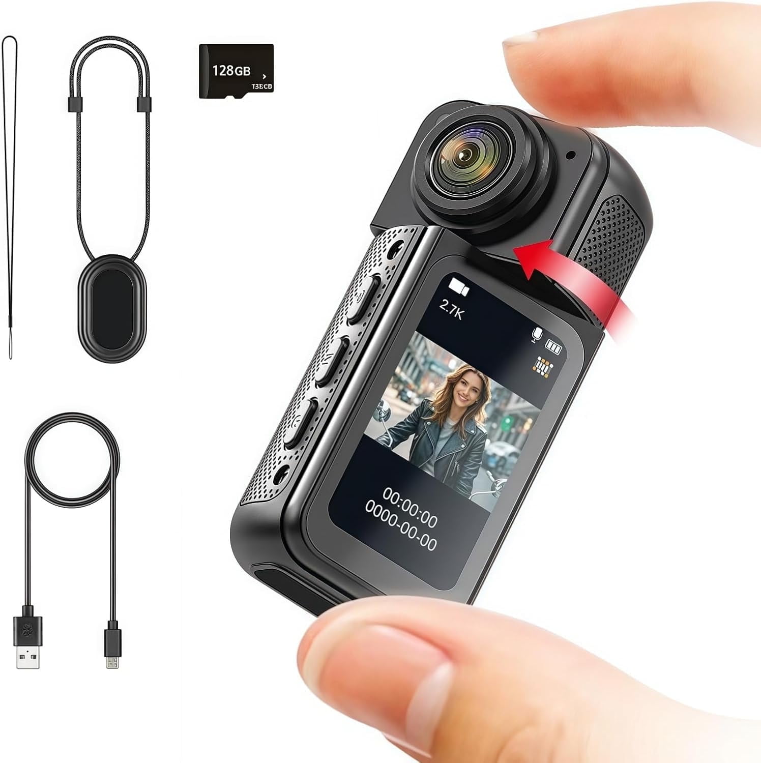 128GB FHD 2.7K Mini Rotate Body Camera, Wearable Action Body Cam, Thumb ...