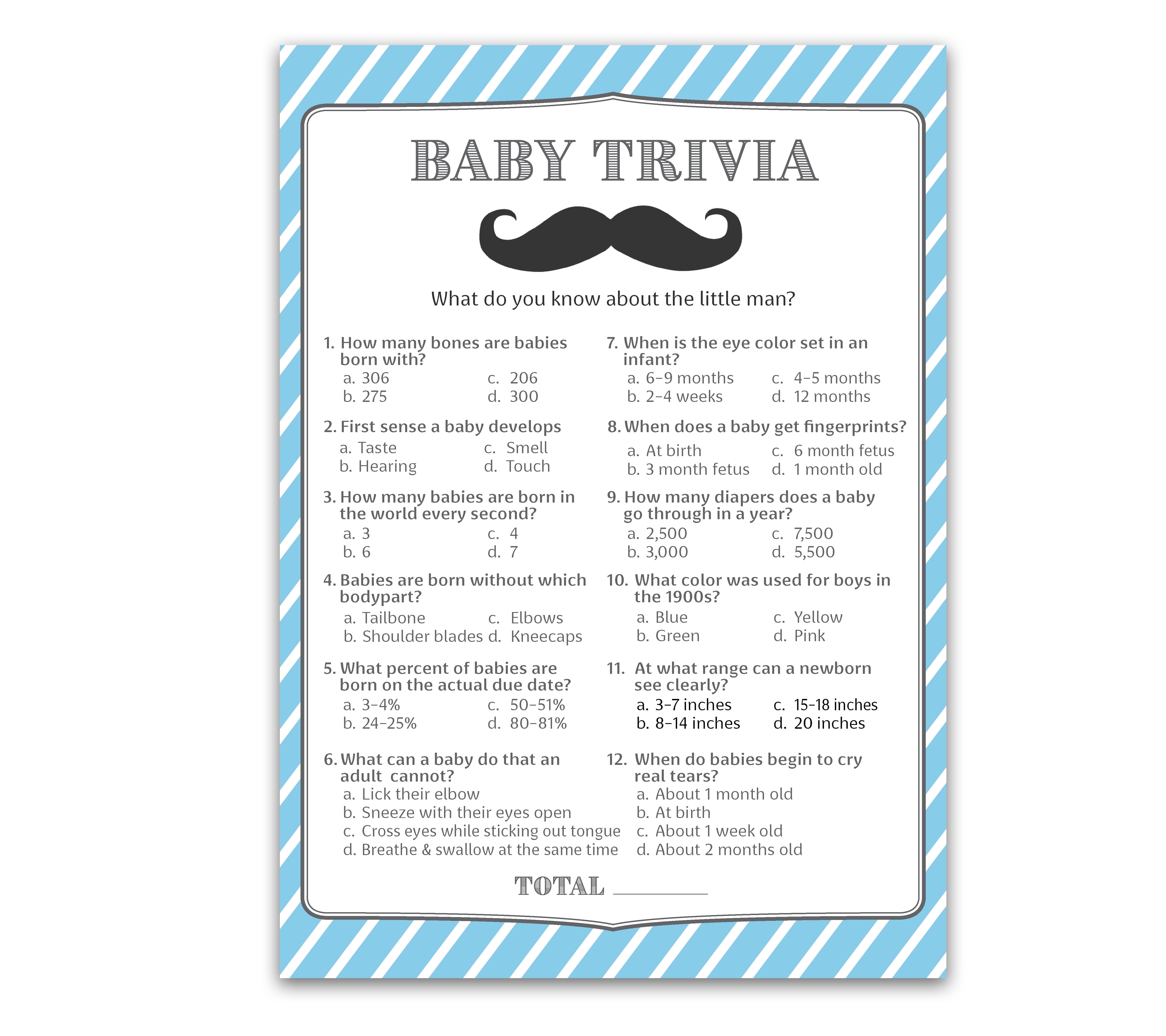 MUSTACHE Baby Shower Game — BABY TRIVIA Games — Pack of 25 — Fun Baby ...