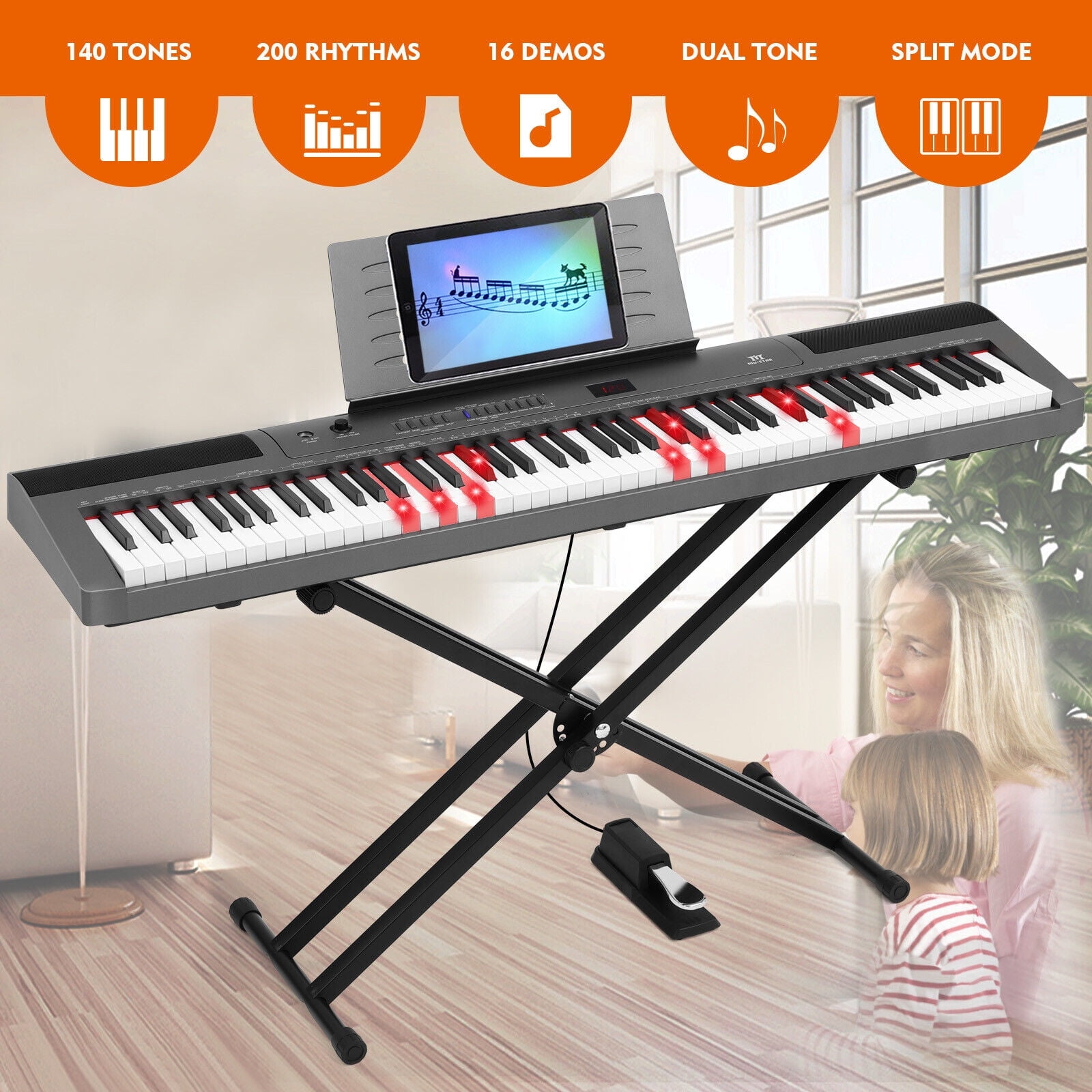 MUSTAR Full Size 88 Key Semi Weighted Lighted Up Digital Piano Electric Piano Keyboard for ...