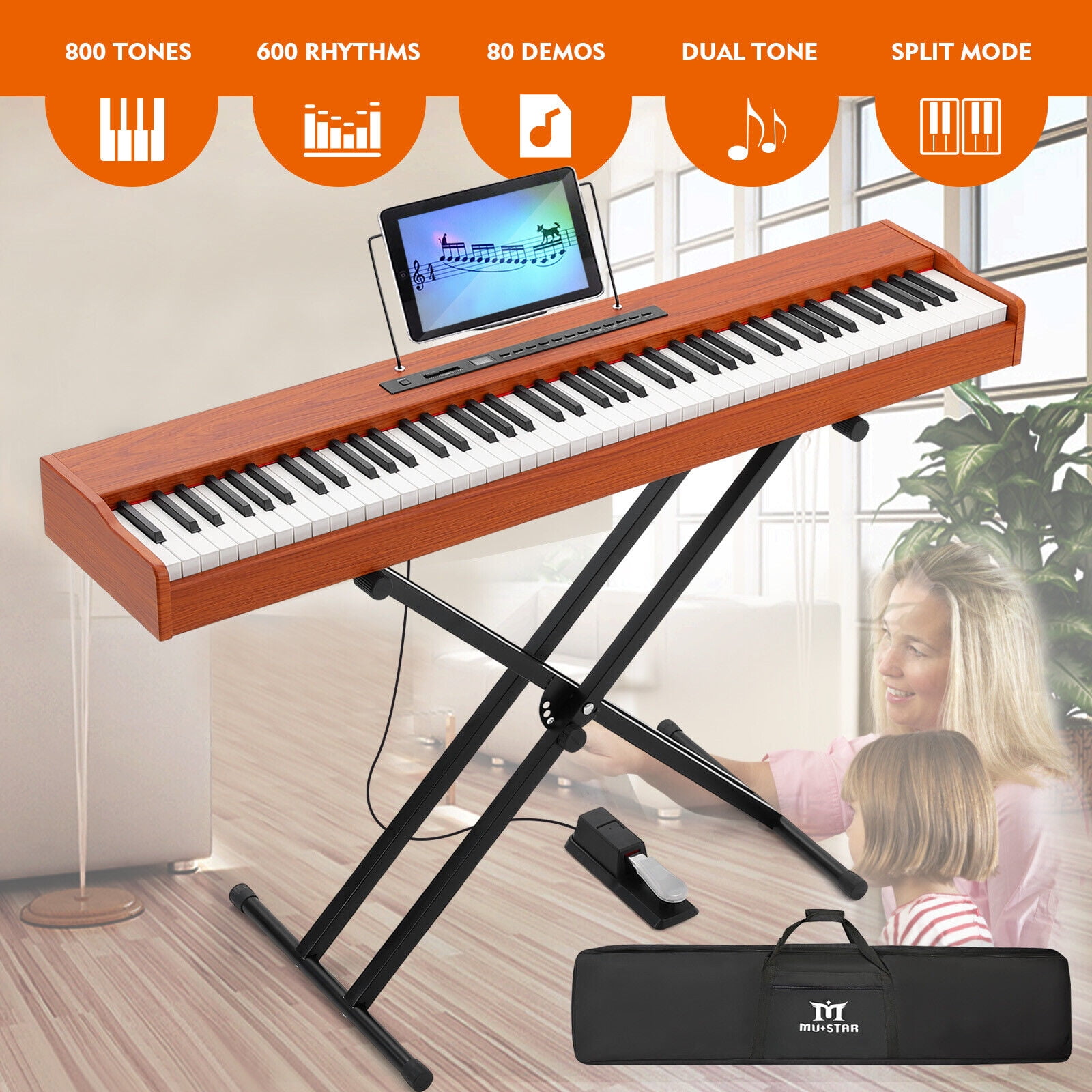 MUSTAR Full Size 88 Keys Semi Weighted Digital Piano Portable Electric Keyboard with Stand ...