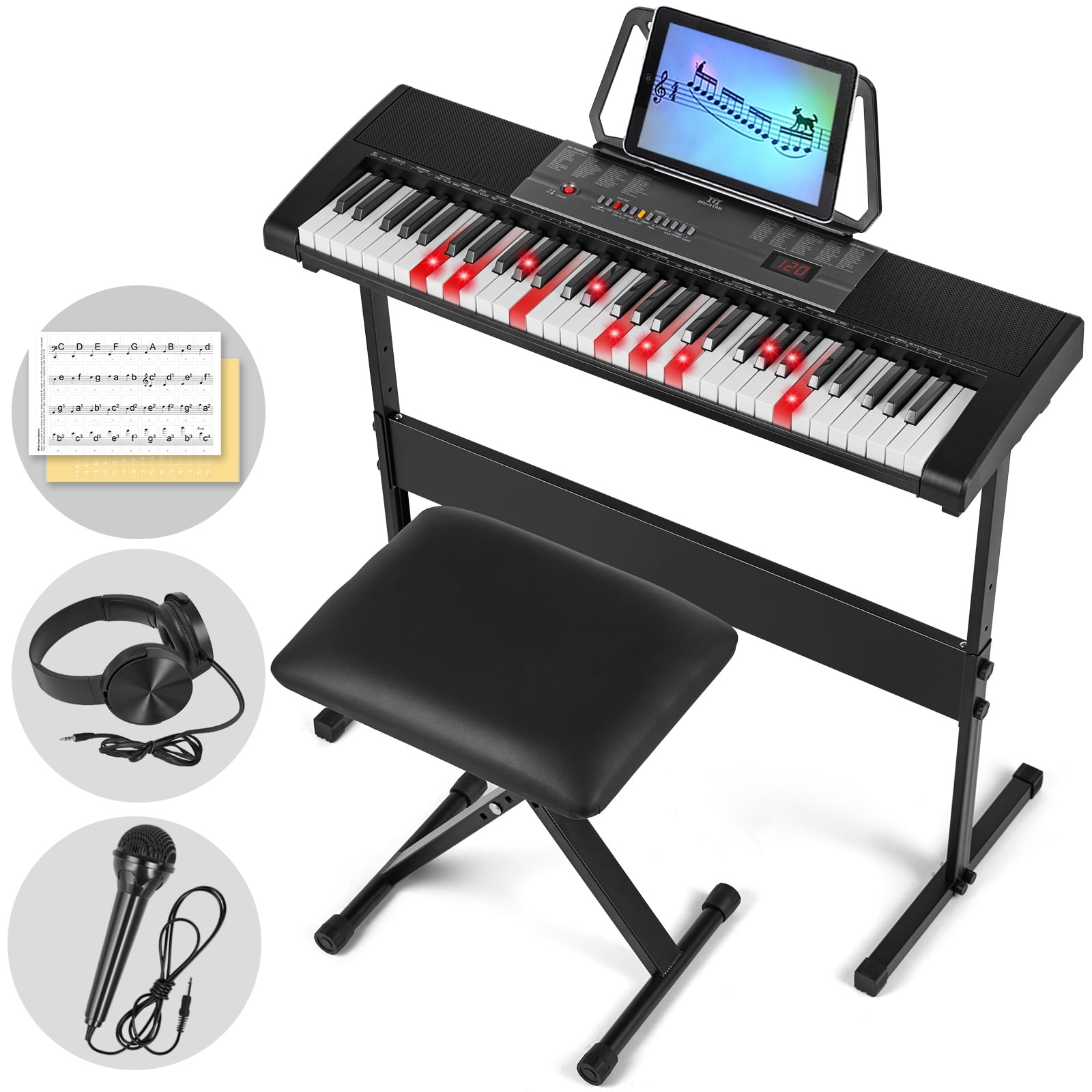 MUSTAR Portable 61 Keys Electric Lighted Up Piano Keyboard for Beginner ...