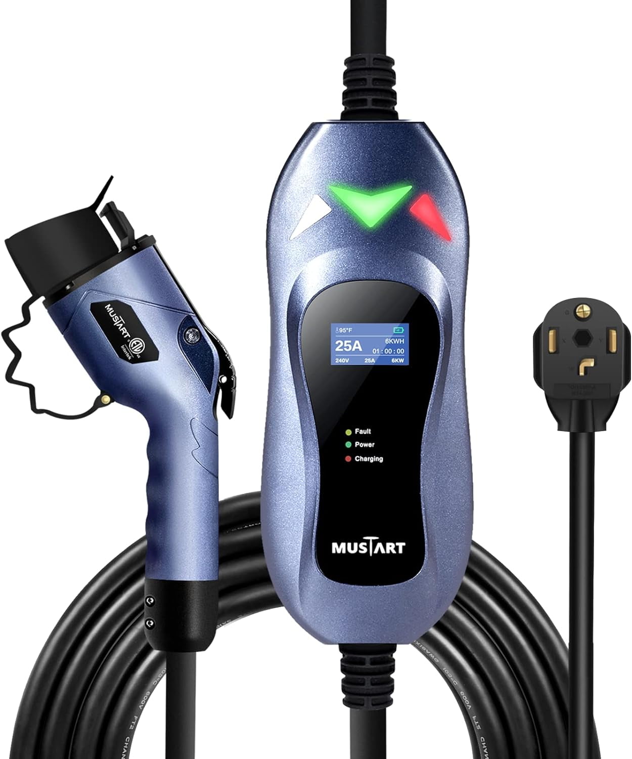 MUSTART Level 2 Portable EV Charger, 240 Volt, 25 Amp, 25ft Cable, NEMA ...
