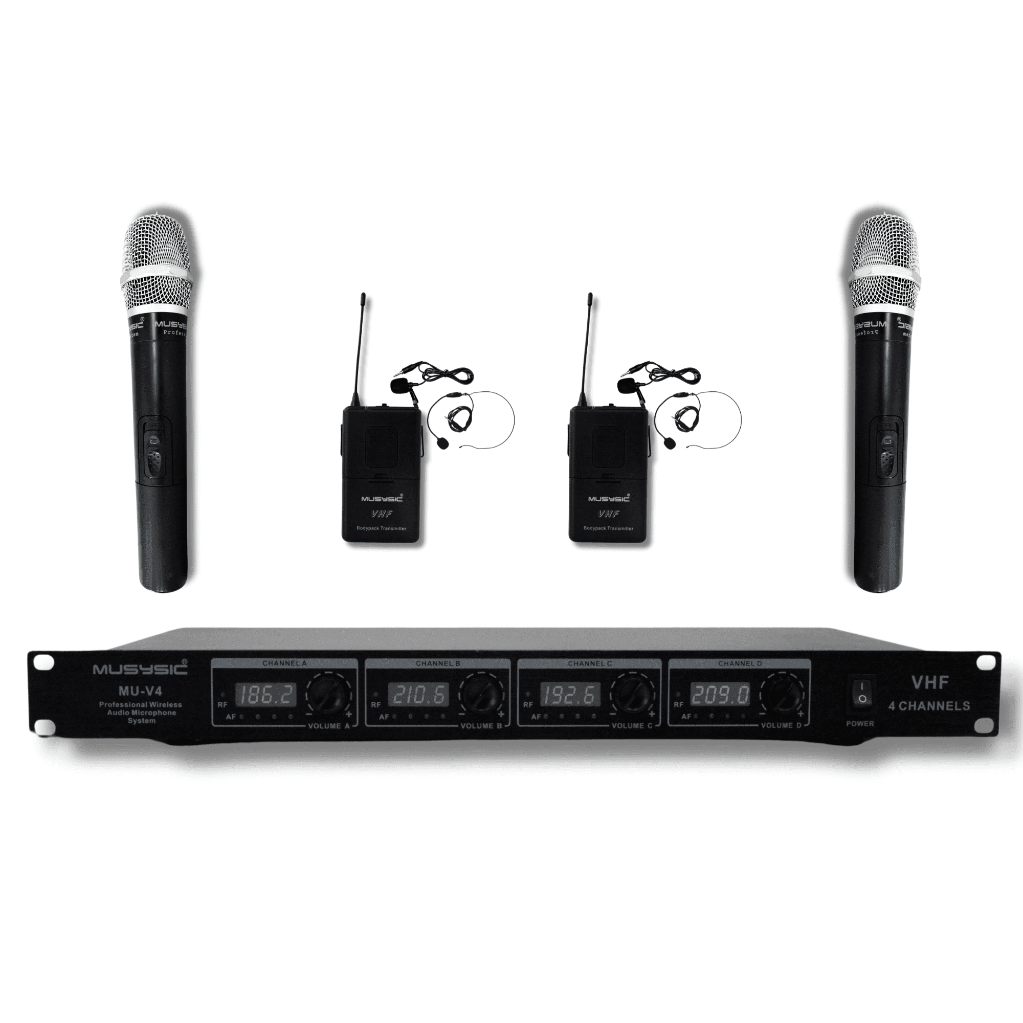 MUSYSIC MU‑V4‑HL Professional 4‑Channel VHF Wireless Microphone System ...