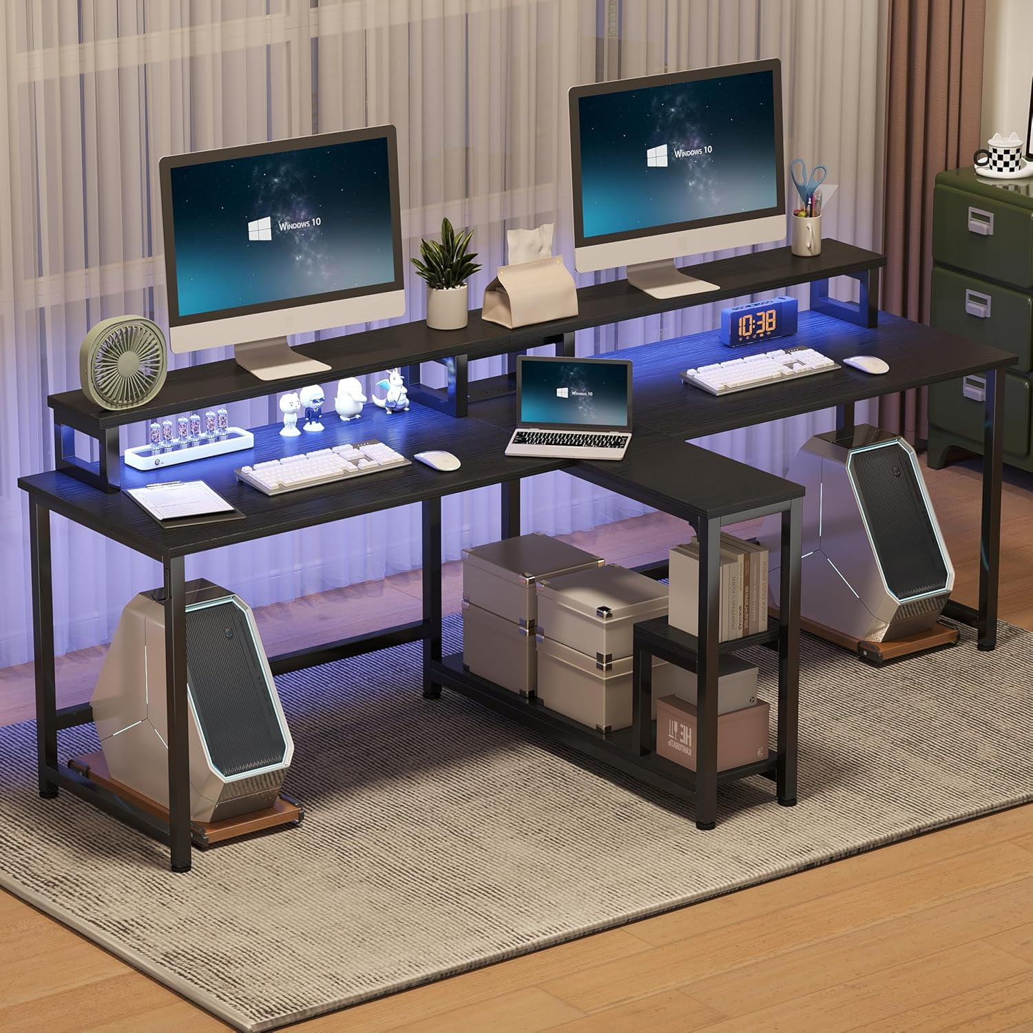 MUTUN Two Person Desk with LED Light, 83.7 Inch Computer Office Double ...