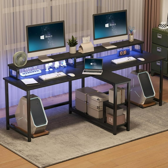 MUTUN Two Person Desk with LED Light, 83.7 Inch Computer Office Double ...