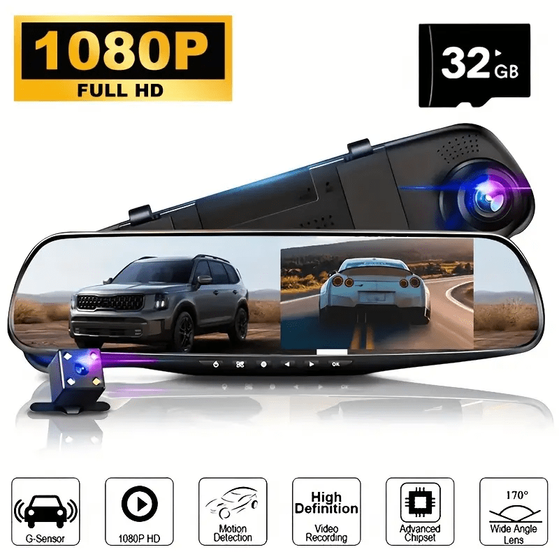 MUÜBAER 4.5" 1080P Rearview Mirror with Front and Rear Camera, 32GB ...