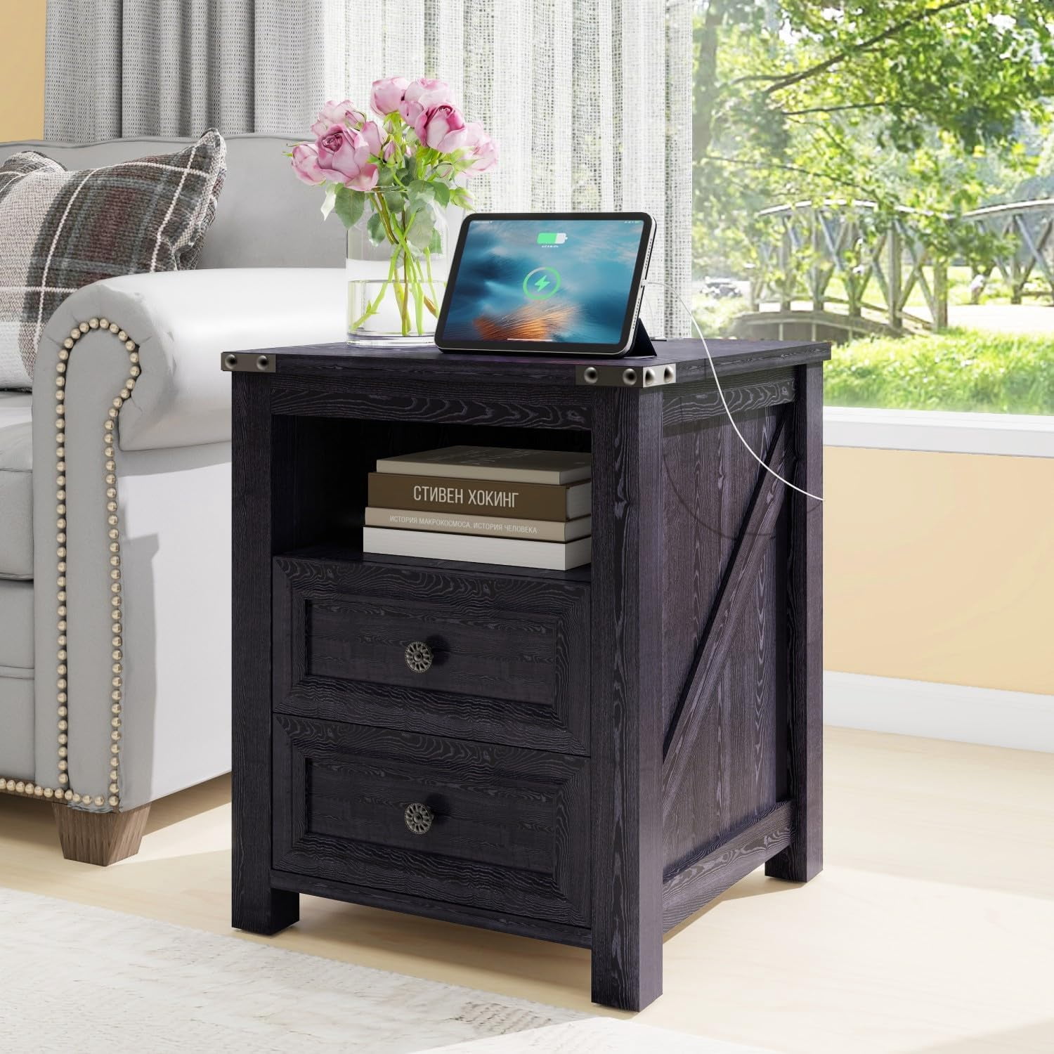 MUUEGM Black Farmhouse Nightstand with Charging Station 18" Rustic End ...