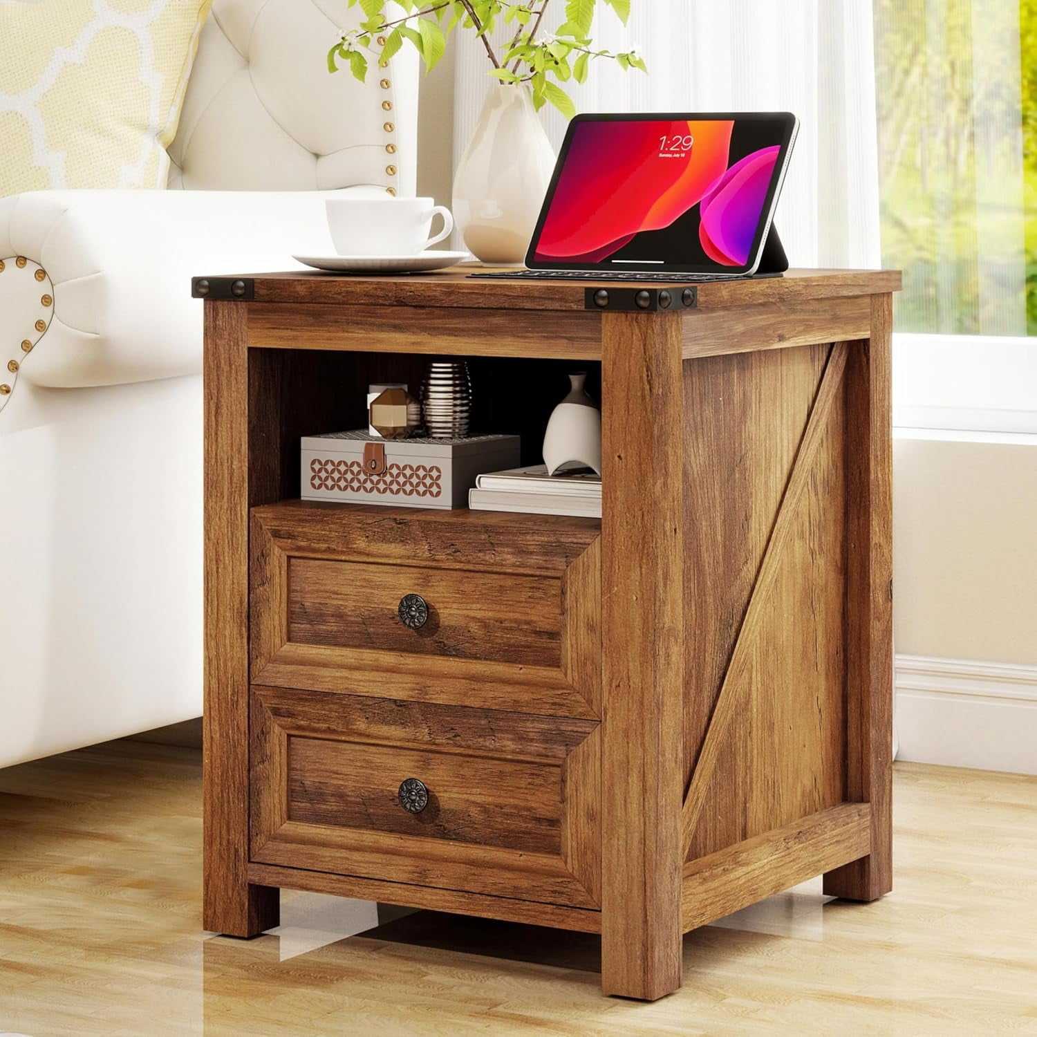 MUUEGM Farmhouse End Table with Charging Station, Nightstand with ...