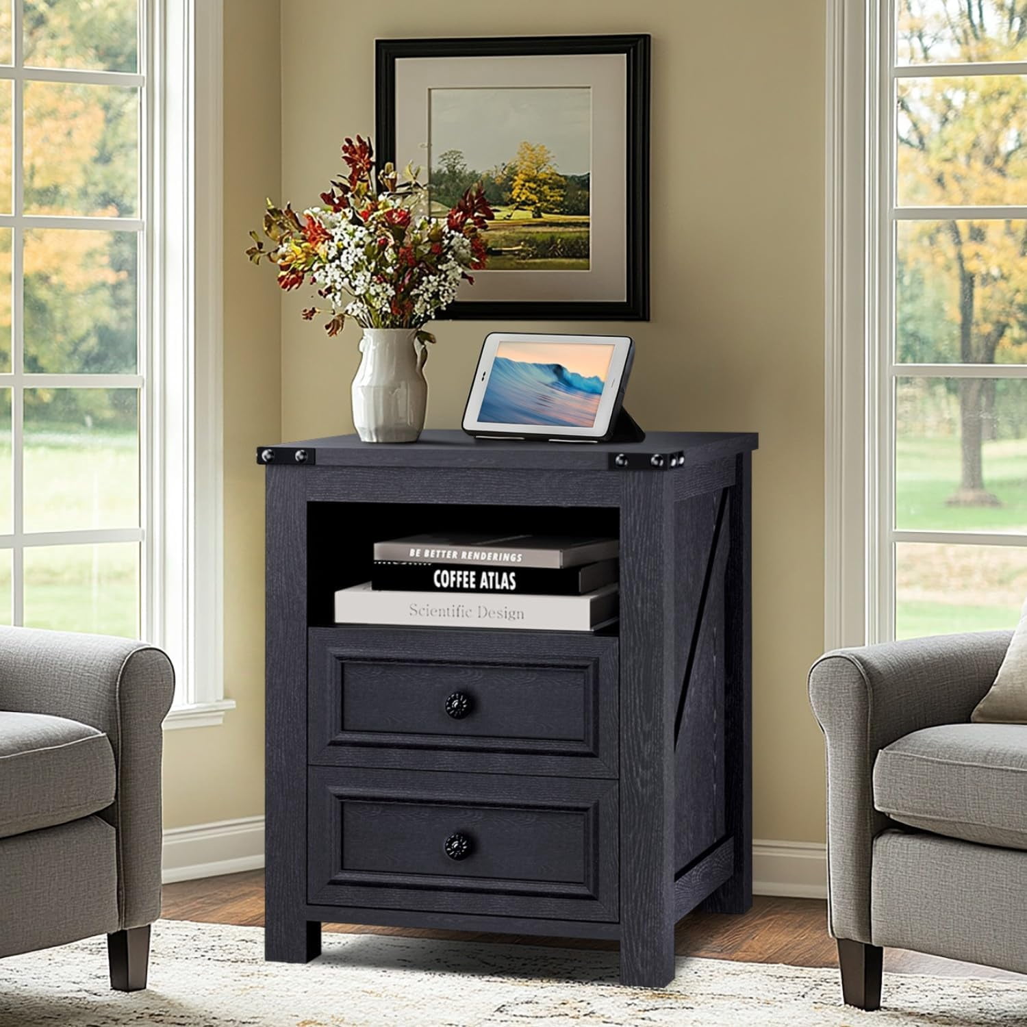 MUUEGM Night Stand with Charging Station, Rustic 18 Inch Bedside Table ...