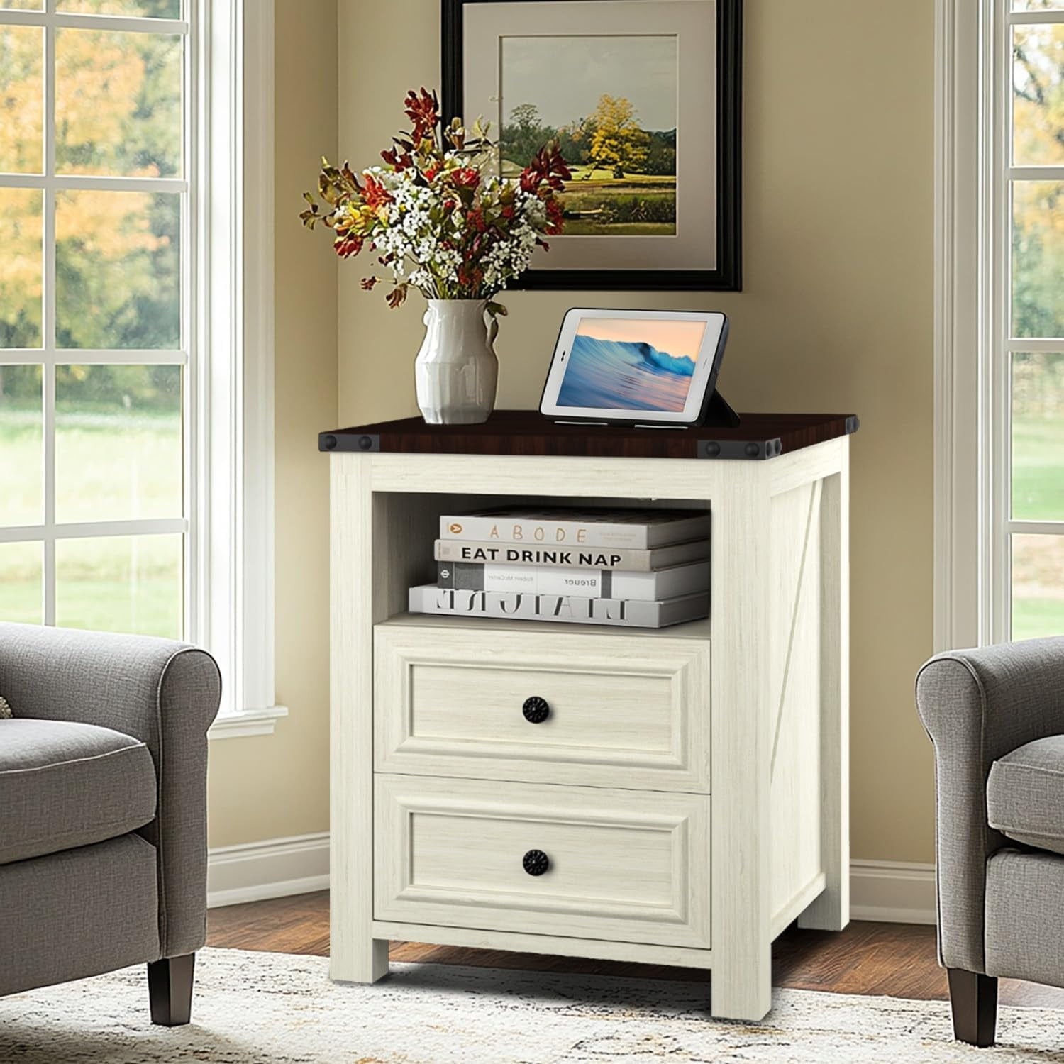 MUUEGM Night Stand with Charging Station, Rustic 18 Inch Bedside Table ...