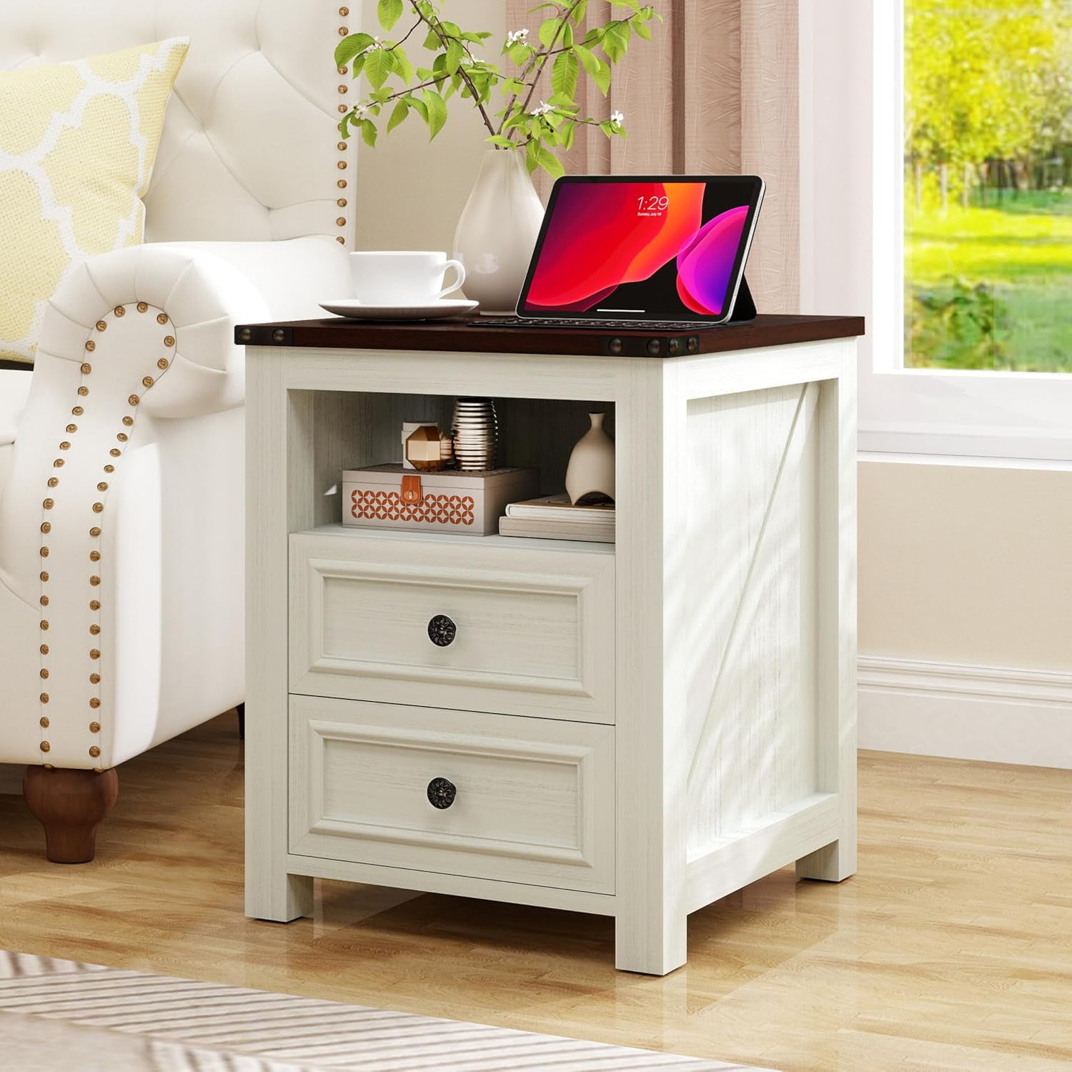 MUUEGM Nightstand with Charging Station, Farmhouse End Table Living ...
