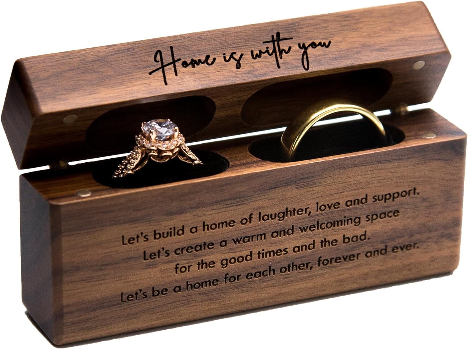 MUUJEE Double Ring Box - Engraved Slim Wooden Ring Case Box for Wedding ...