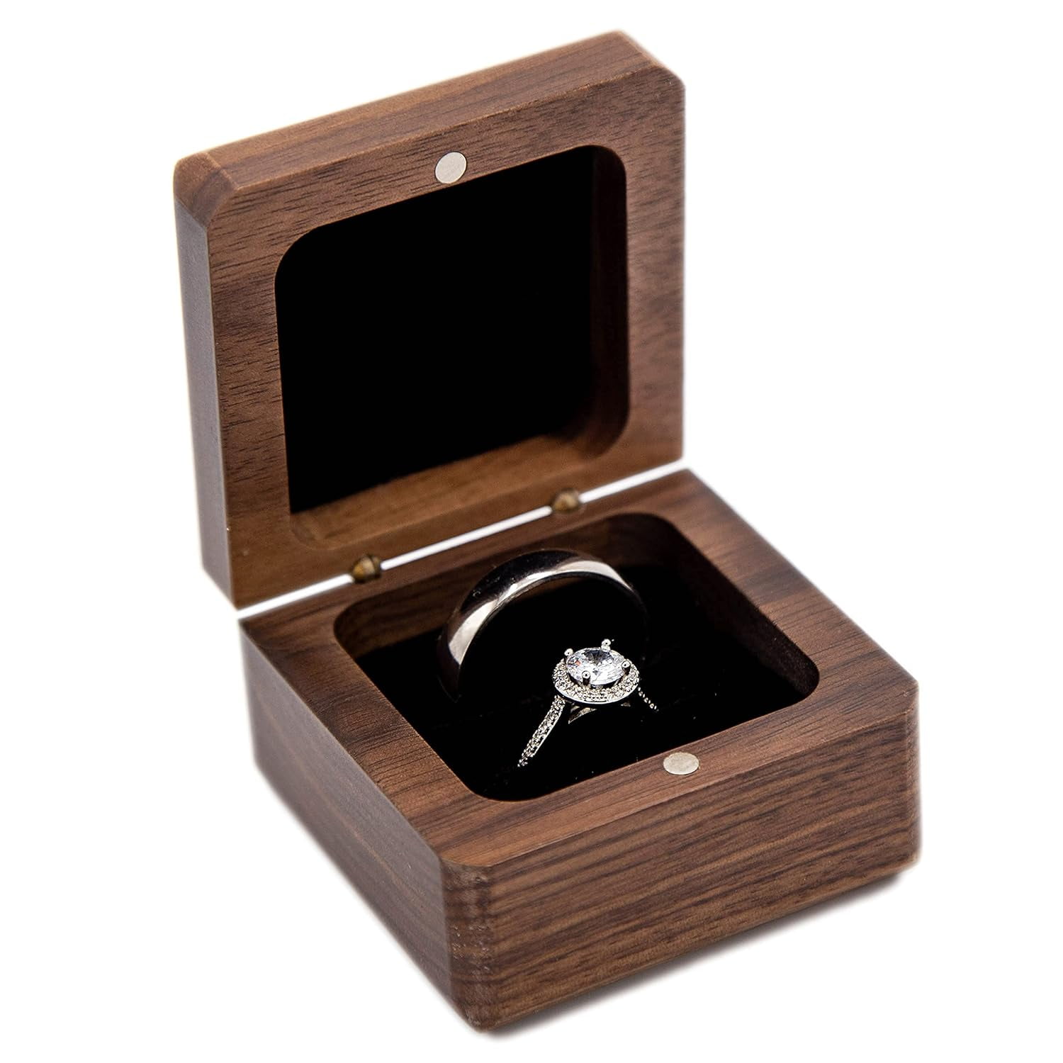 MUUJEE Double Ring Box - Engraved Square Wooden Walnut Ring Case Box ...