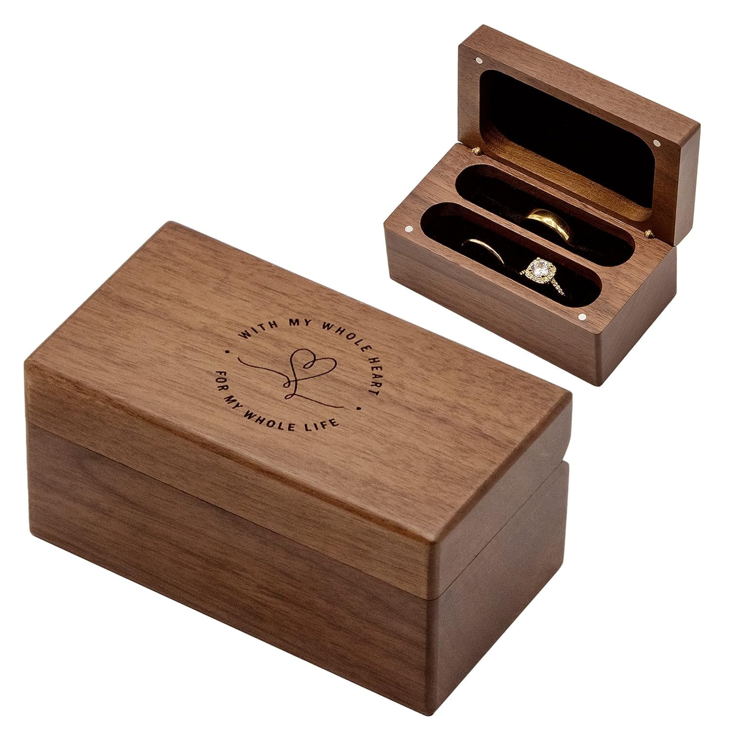 MUUJEE My Whole Heart Quad Ring Box - Engraved Wooden Ring Case Box for ...