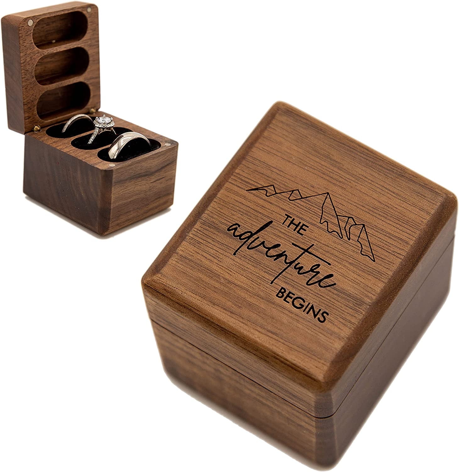MUUJEE The Adventure Begins Engraved Wood Ring Box for 3 Rings - Triple ...