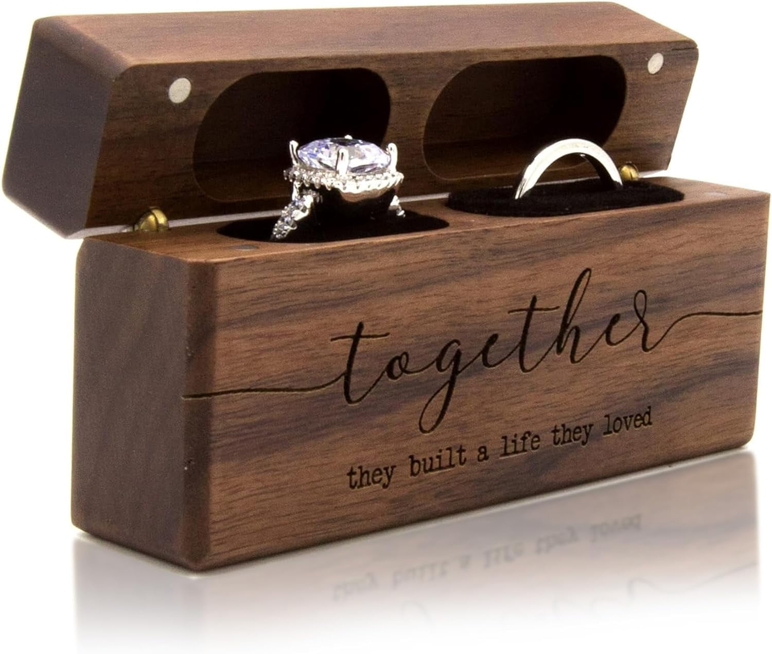 MUUJEE Together Double Ring Box - Engraved Slim Wooden Ring Case Box ...