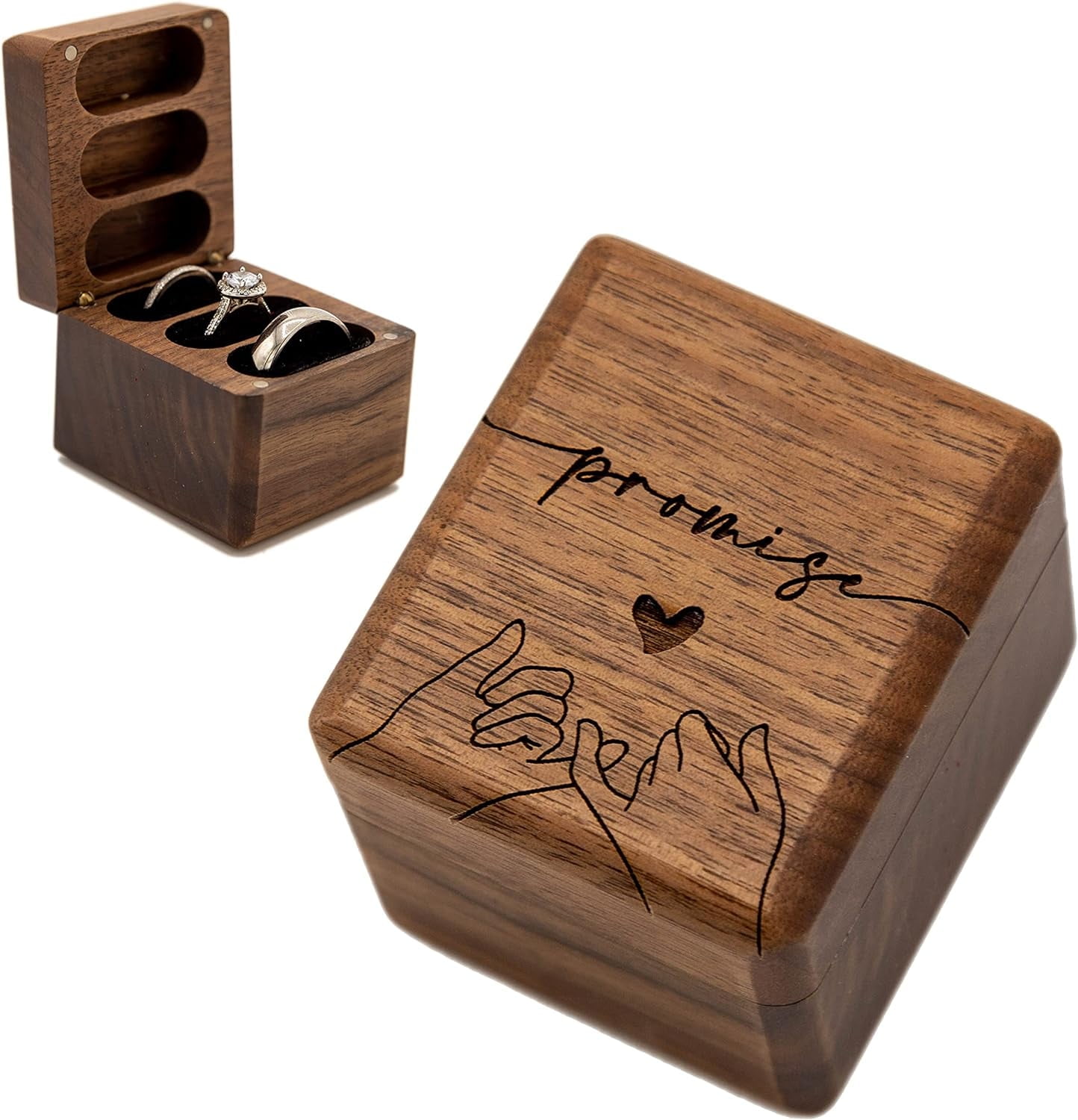 MUUJEE Wood 3 Slot Ring Box (Promise) - Triple Ring Case for Wedding ...