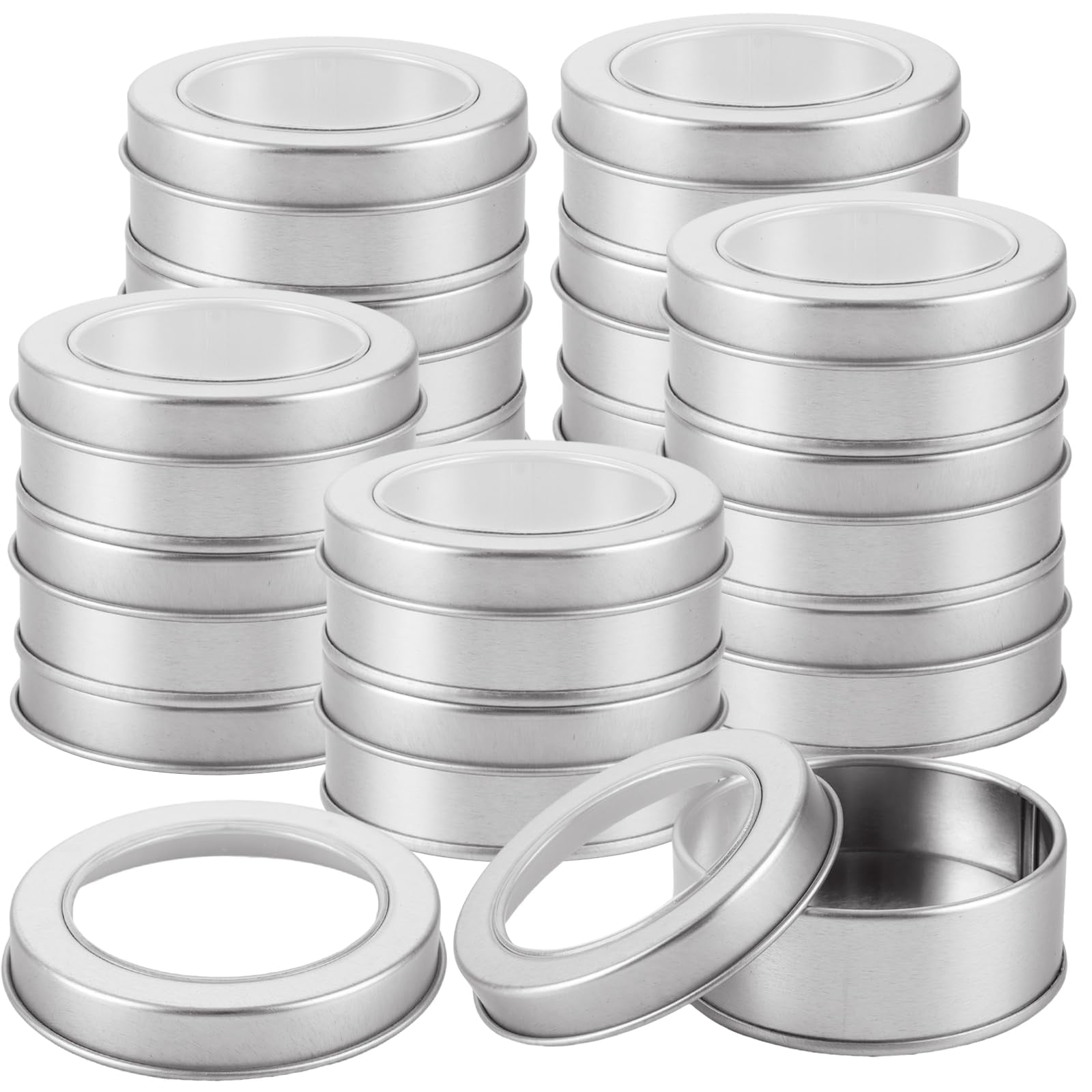 MUXHEL 50 Pcs 2 oz Metal Tin Cans with Clear Lid, Silver Round Tin ...