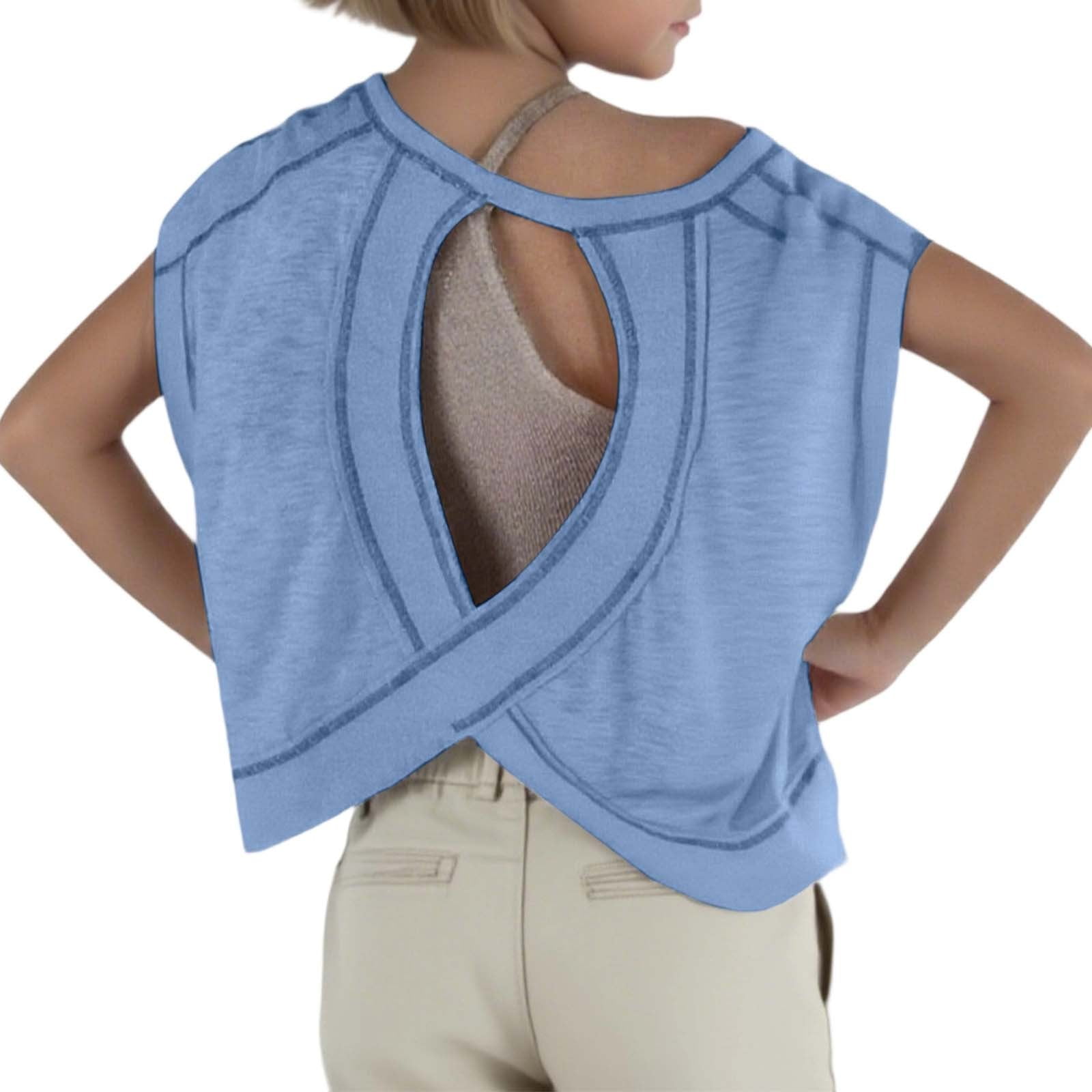 MUXiin Backless Tops for Girls Open Back Workout Short Sleeve Gym ...