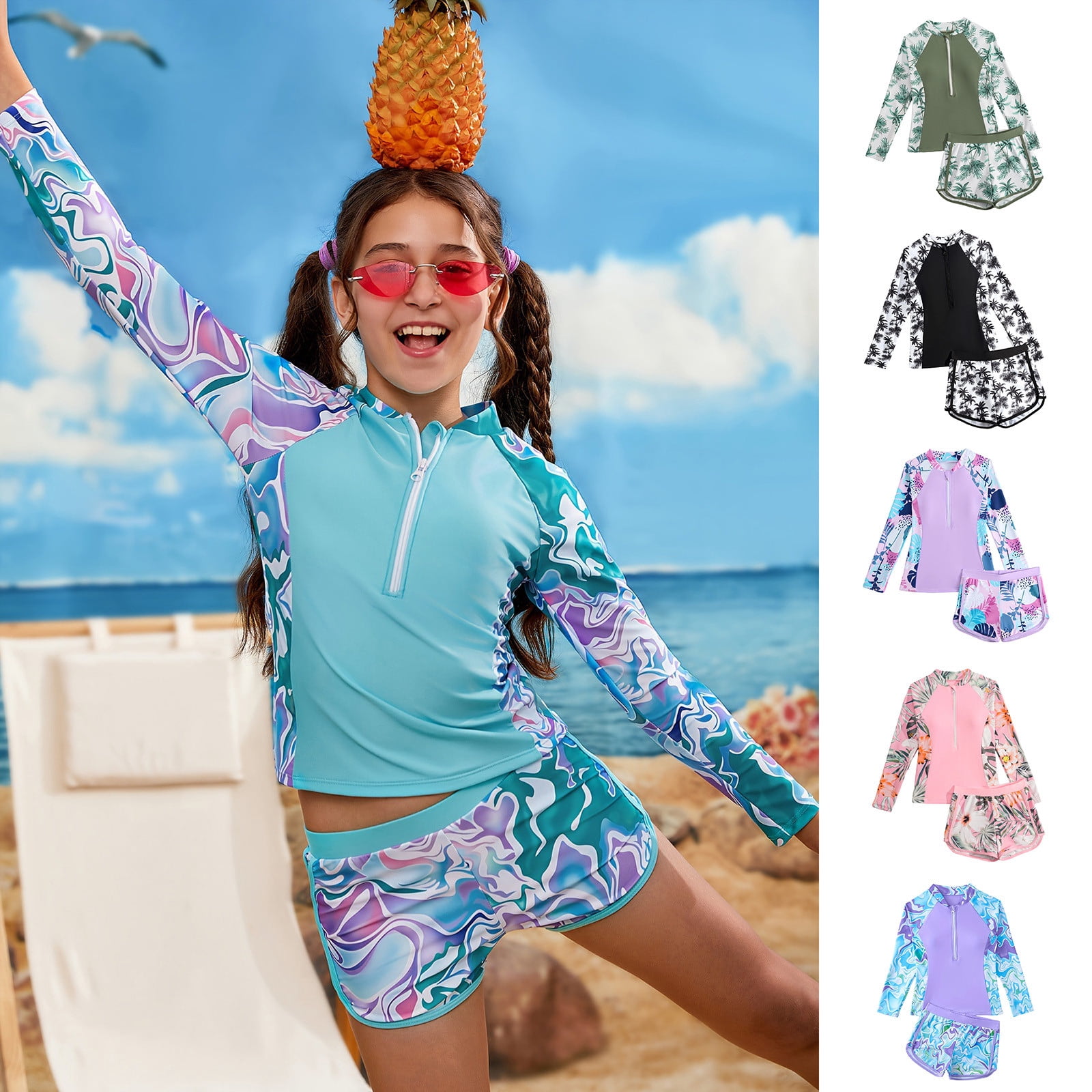 MUXiin Girls Rash Guard Swimsuits 2 Piece Bathing Suit UPF 50+ Summer ...