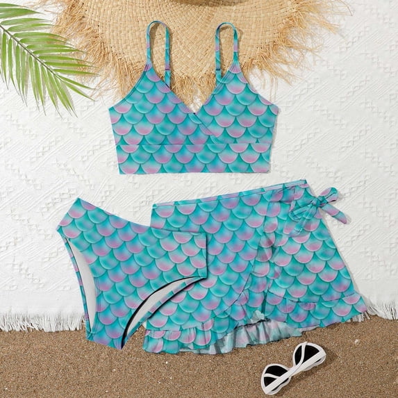 MUXiin Girls Swimsuit 3 Piece Bathing Suits Mermaid Rainbow Fish Scale ...
